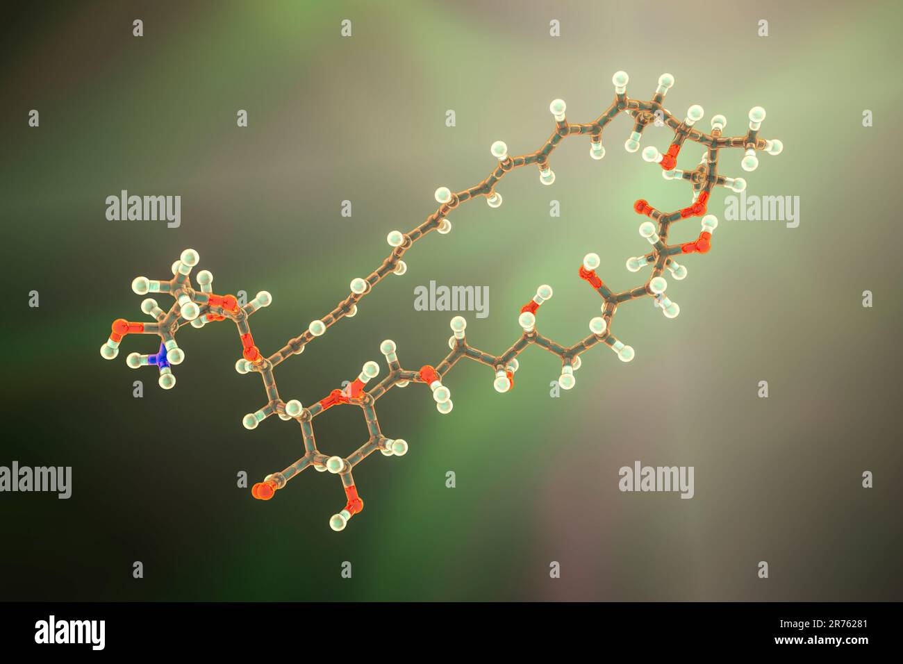Amphotericin B antifungal drug molecule. Chemical formula is C47H73NO17 ...