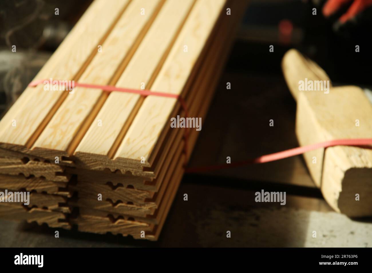 Wood timber construction material. Pile of construction timber at the ...