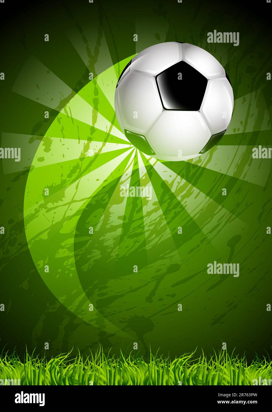 Soccer ball, flying over the curved trajectory, on a dirty background ...