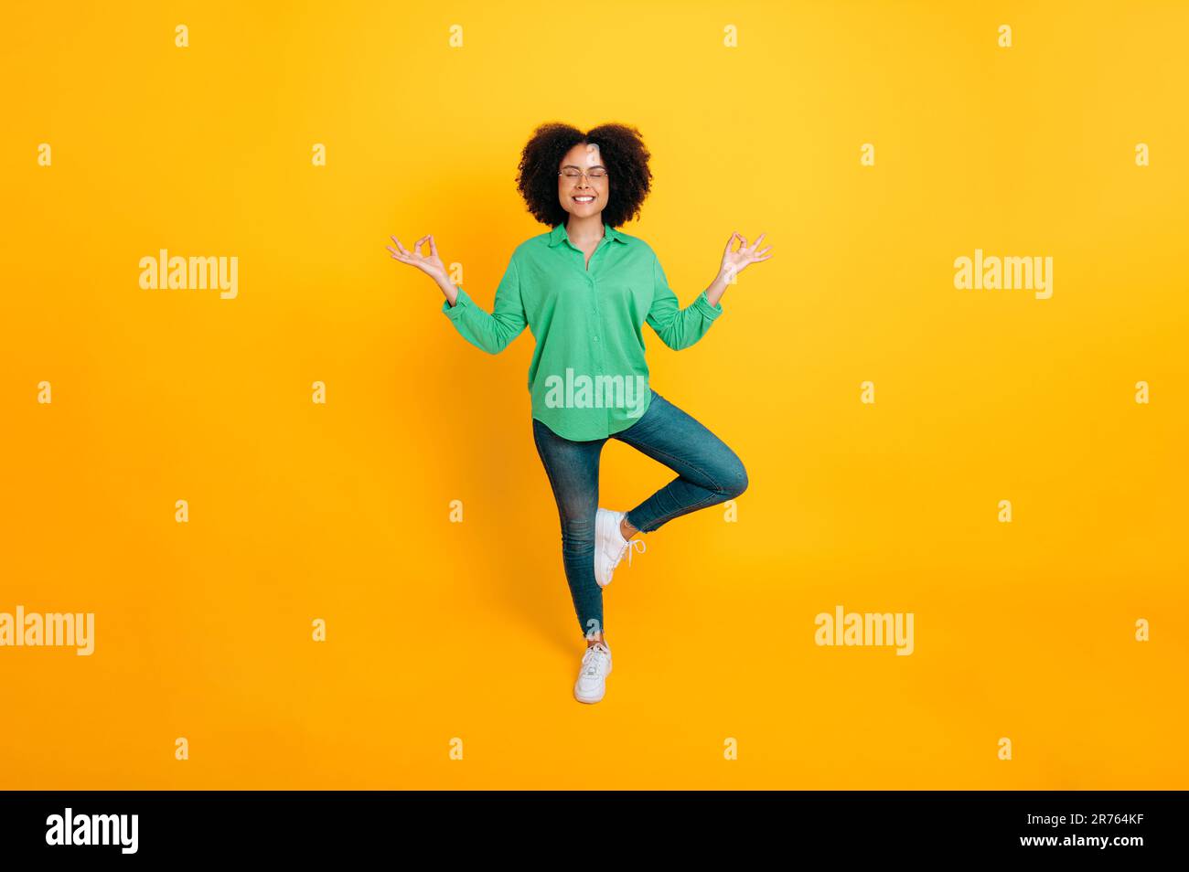 Mental health, harmony. Full length photo of a stylish lovely calm ...