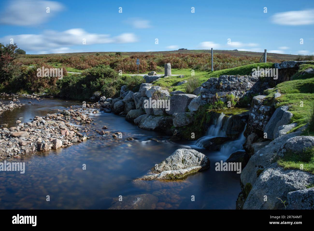 River with Small waterfall at Cadover bridge in Dartmoor National Park ...