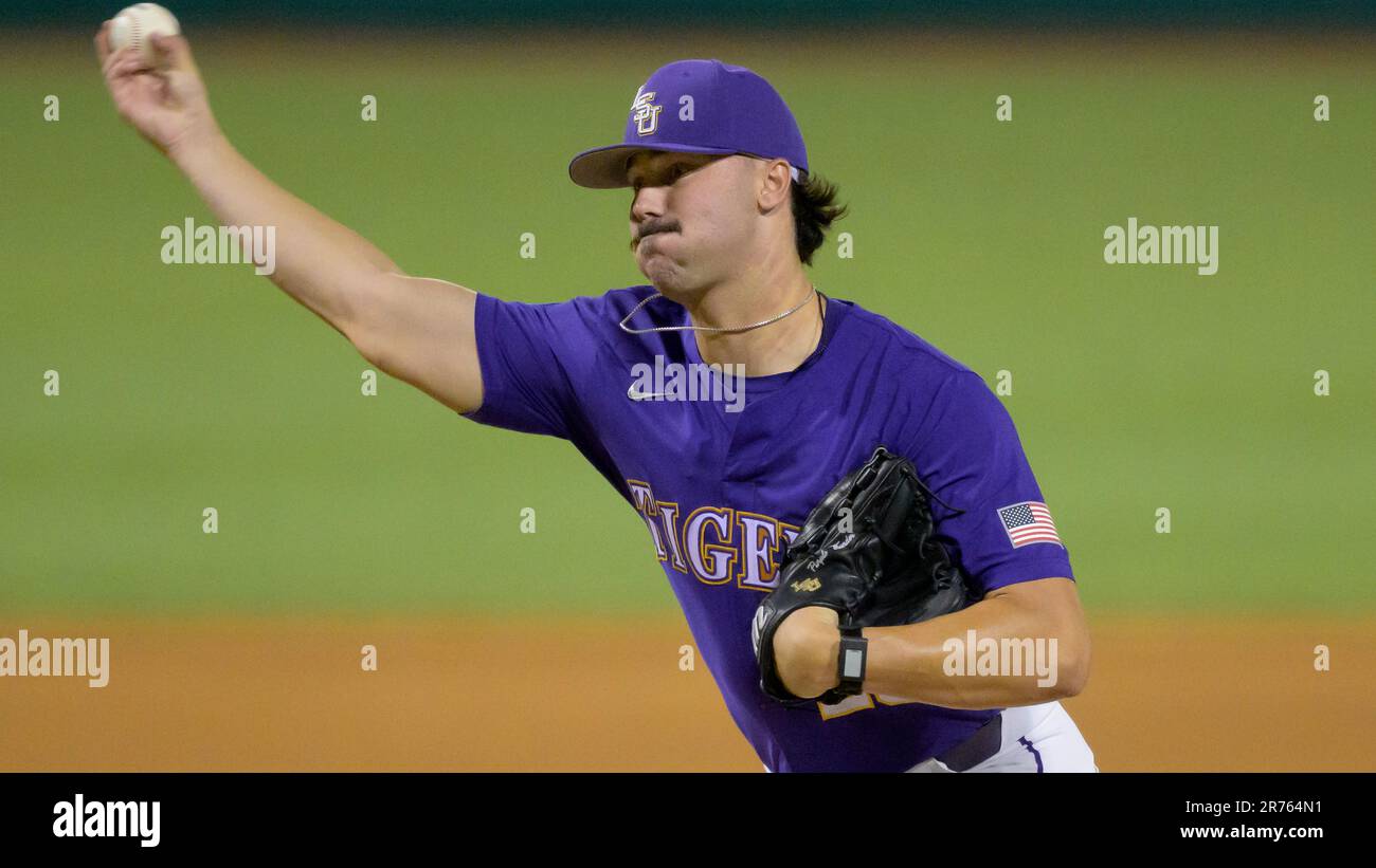 LSU pitcher Paul Skenes (20) throws during an NCAA baseball game on Saturday, June 10, 2023, in ...