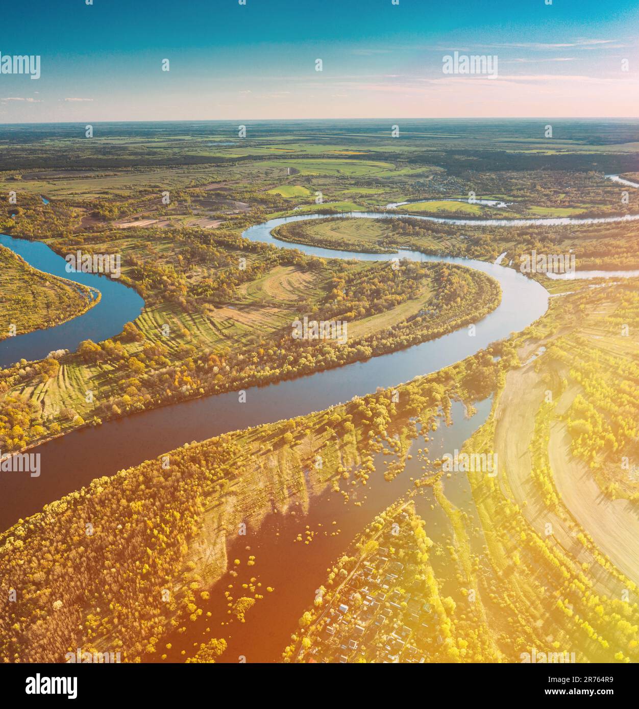 Village Near River, Aerial View Green Forest Woods And River Landscape ...