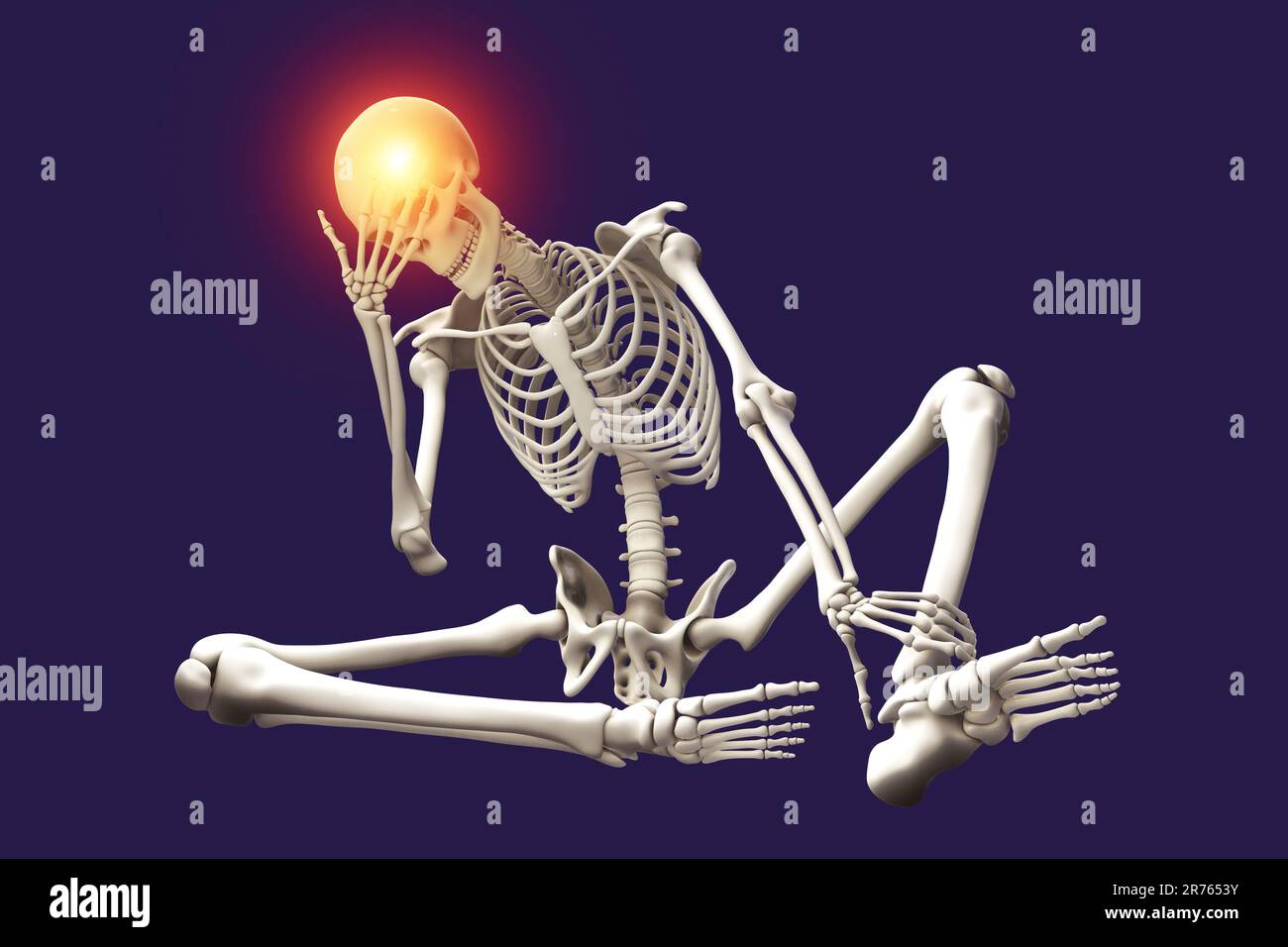 Headache, computer artwork. Skeleton holding its head in pain. The red ...