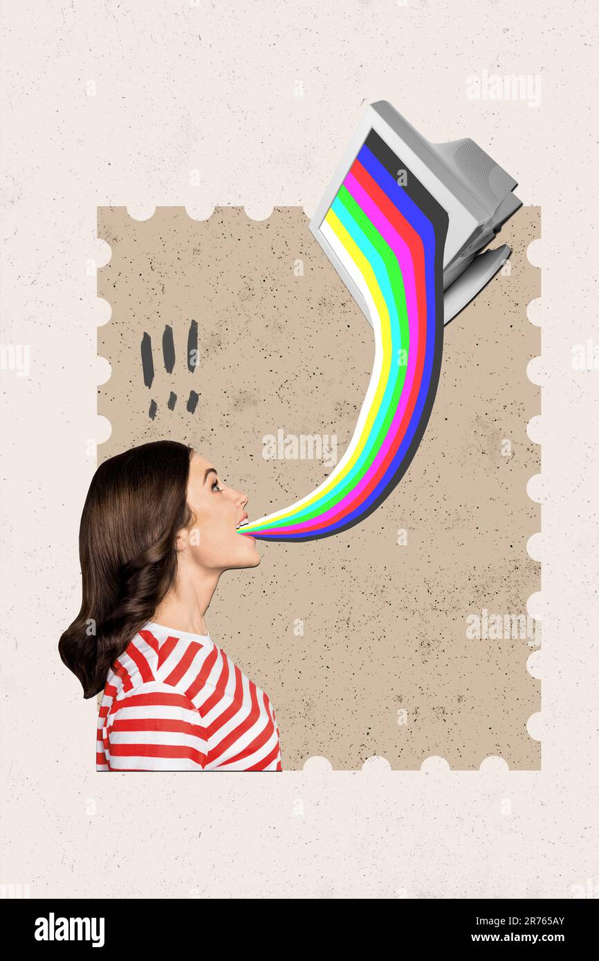 Vertical collage of excited girl mouth absorb rainbow computer display ...