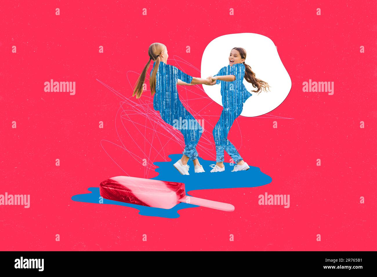 Collage creative picture of two young girls dancing have fun hands ...