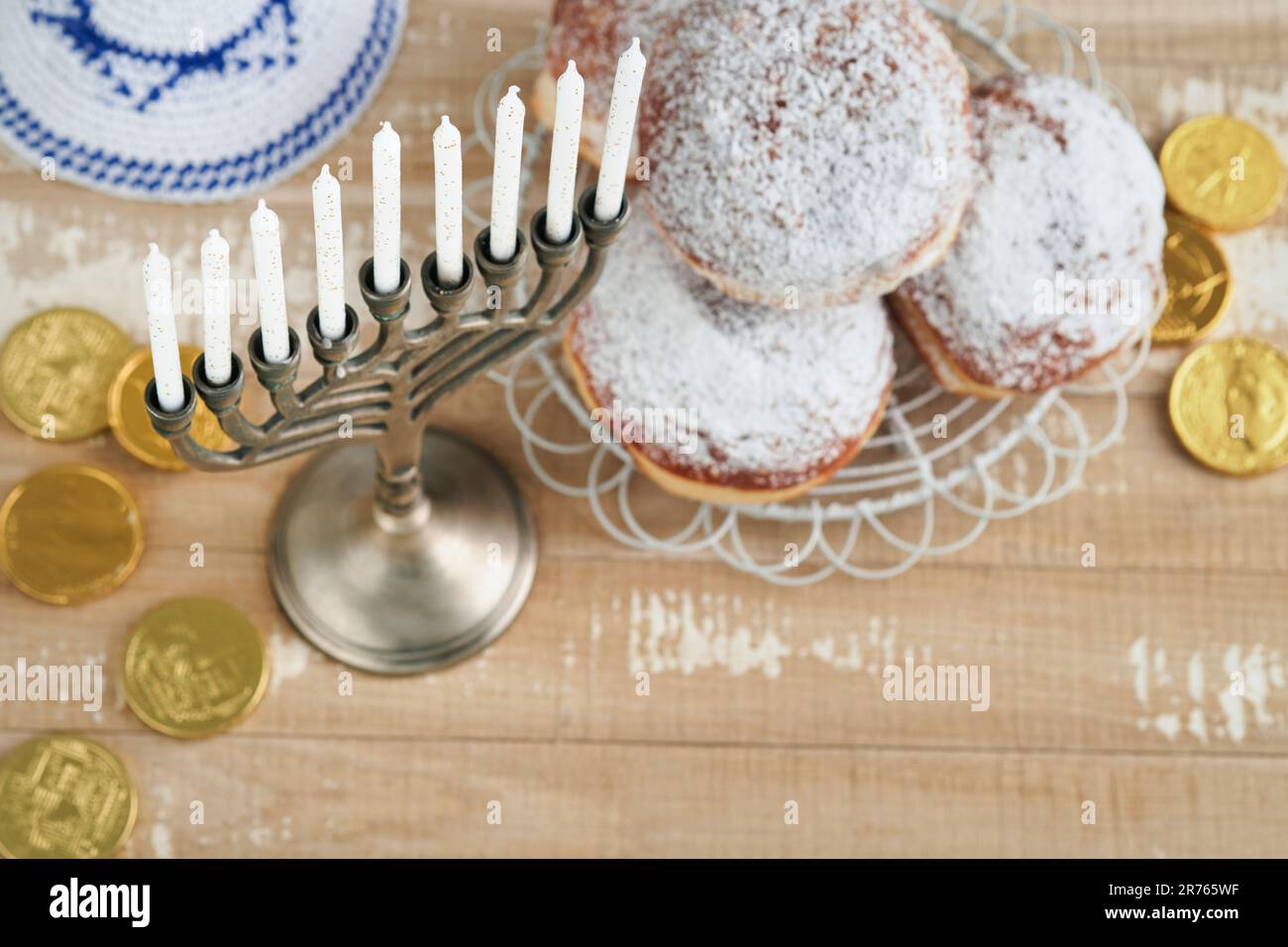 Happy Hanukkah. Hanukkah old Menorah against background of the Israeli ...