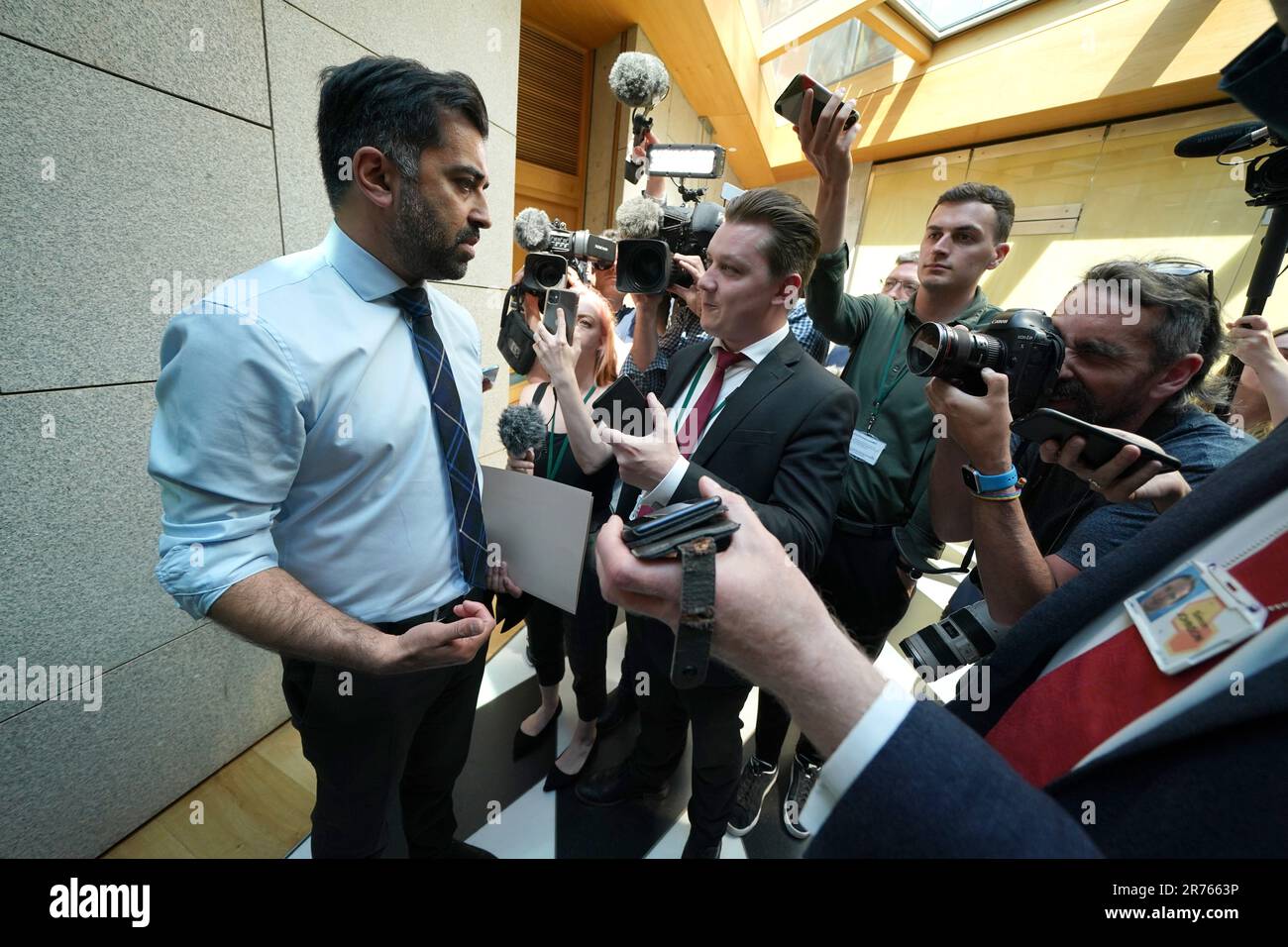 First Minister Humza Yousaf speaks to the media after an SNP group ...