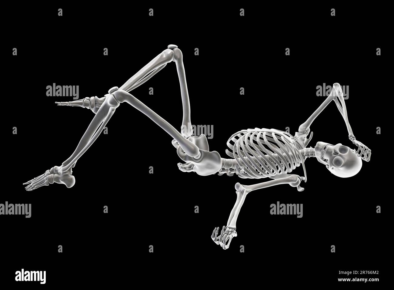 Human skeleton in a bad feeling unconsciousness position, conceptual ...