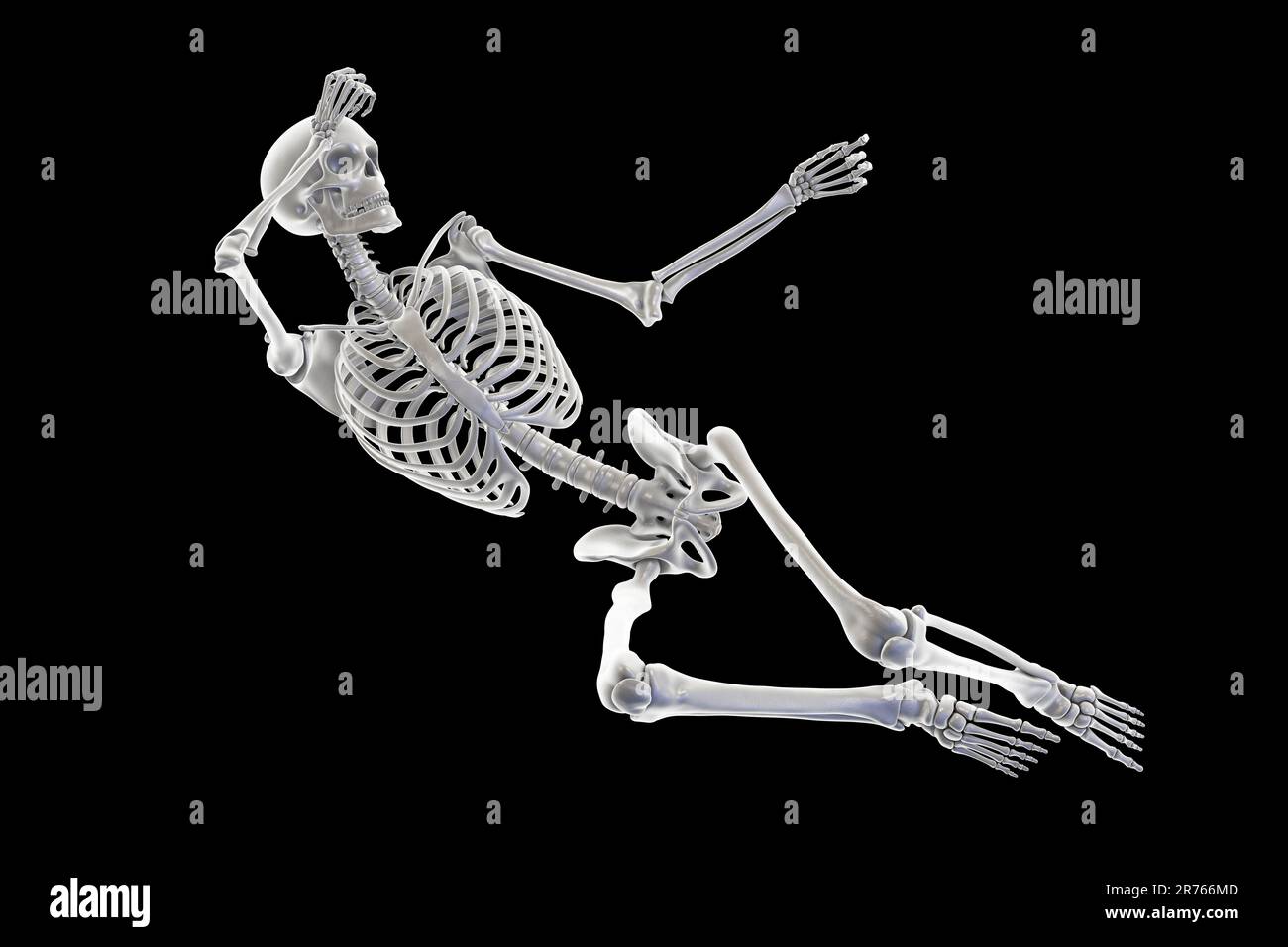 Human skeleton in a bad feeling unconsciousness position, conceptual ...