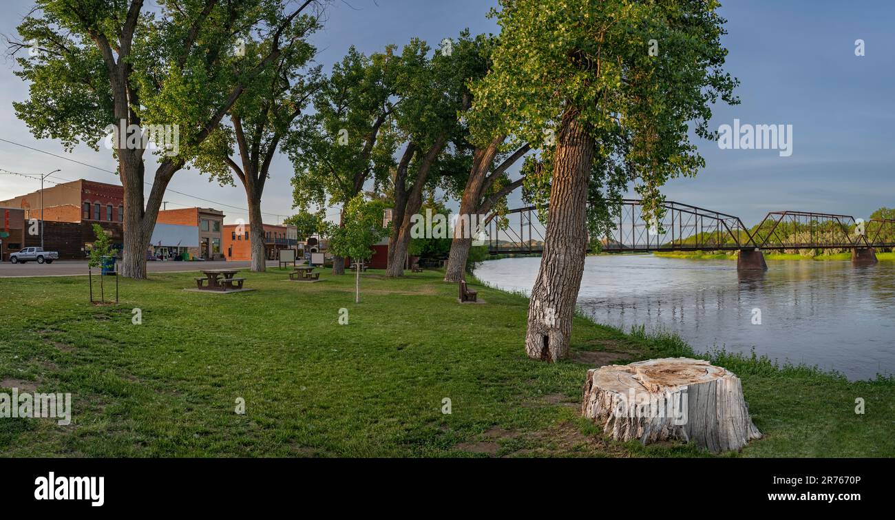 Park on the Missouri River with a pedestrian bridge at Fort Benton ...