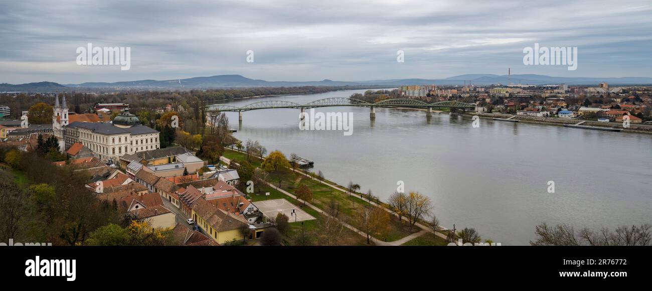 The Danube river is the border between Hungary and Slovakia. Sturovo ...