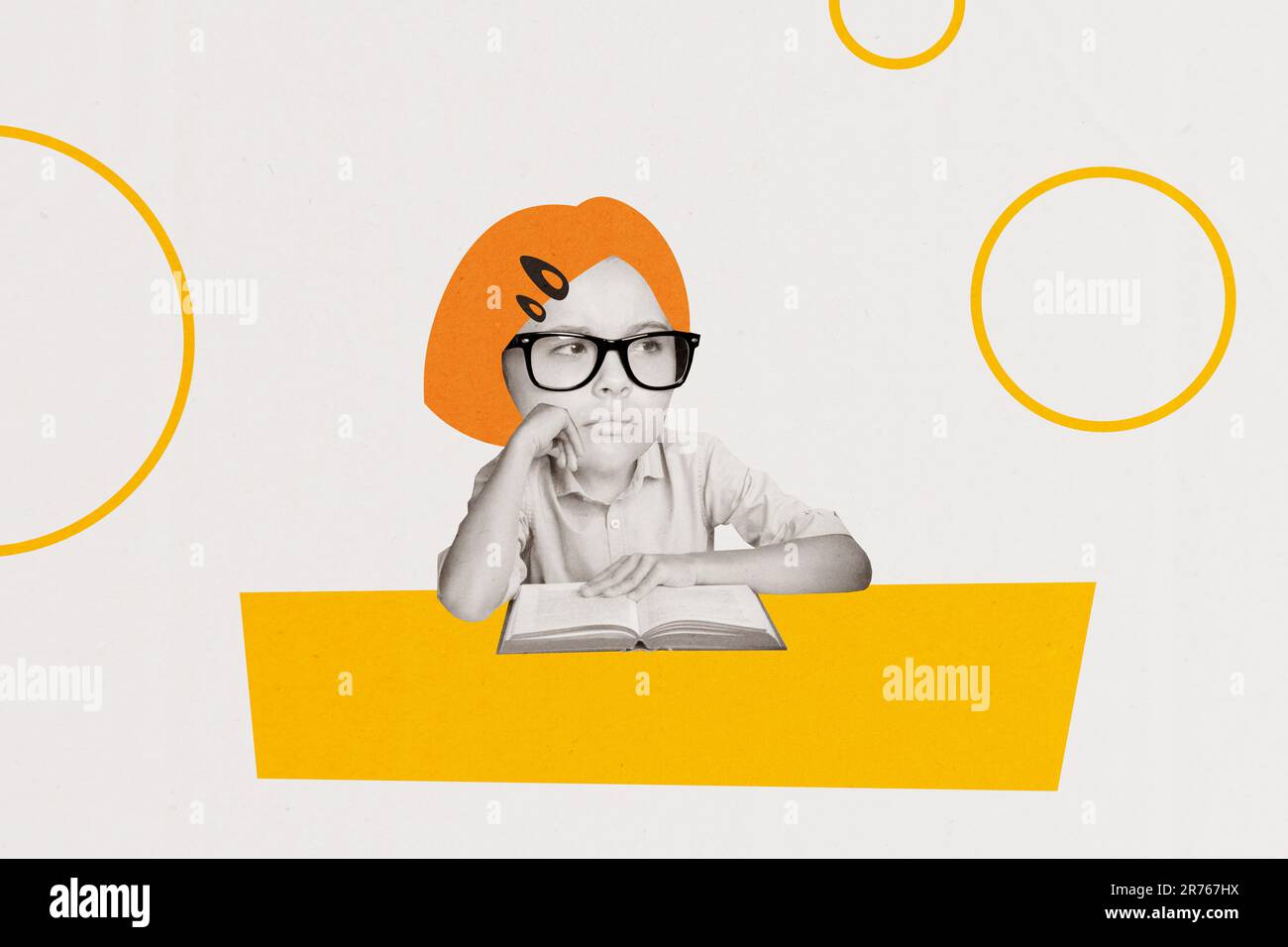 Artwork collage image of black white effect kid painted orange hair ...