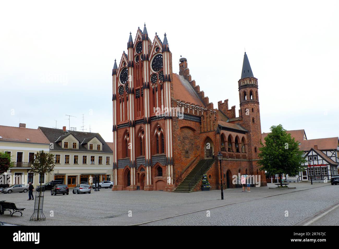 Medieval town hall in Tangermunde has storks nesting on its roof Stock ...
