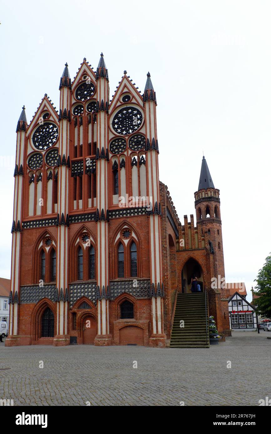 Medieval town hall in Tangermunde has storks nesting on its roof Stock ...
