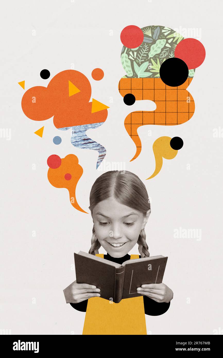 Vertical collage image of black white effect funny girl hands hold ...