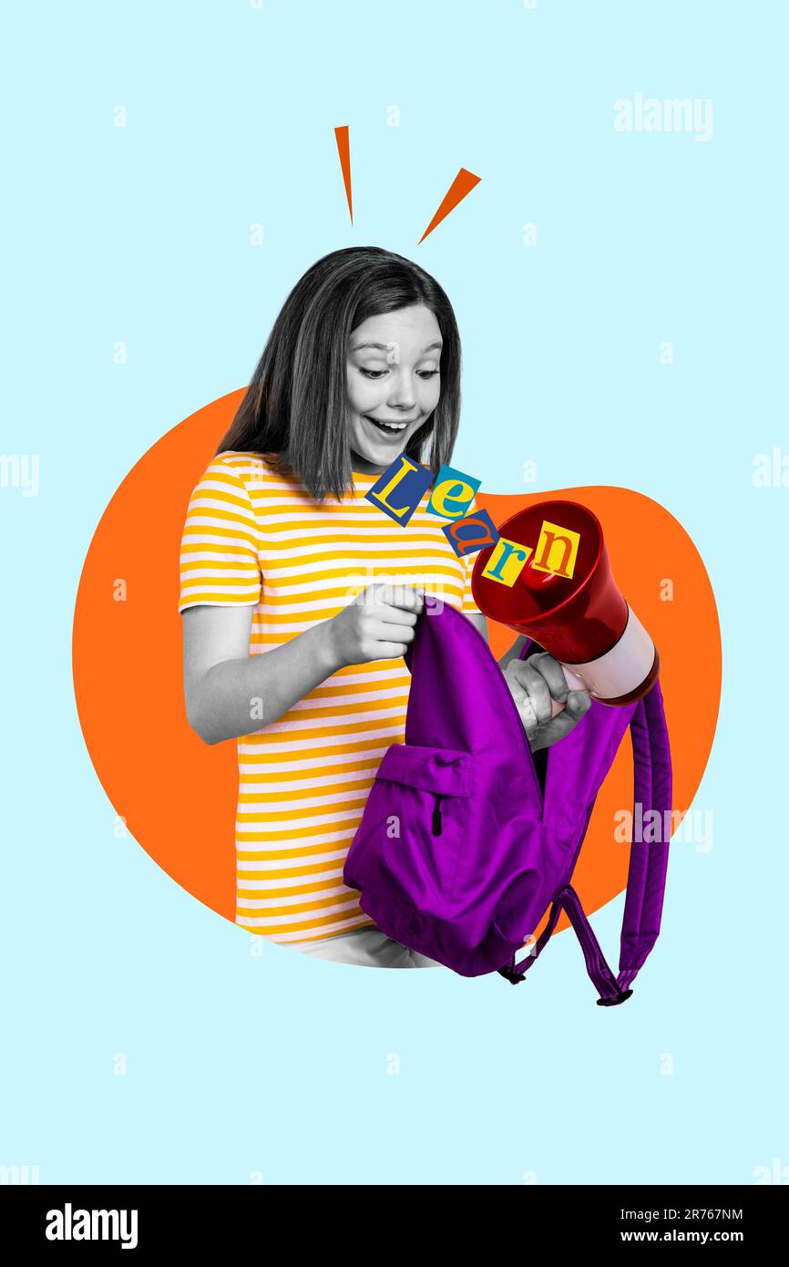 Vertical photo collage 3d artwork of young schoolgirl open her backpack ...