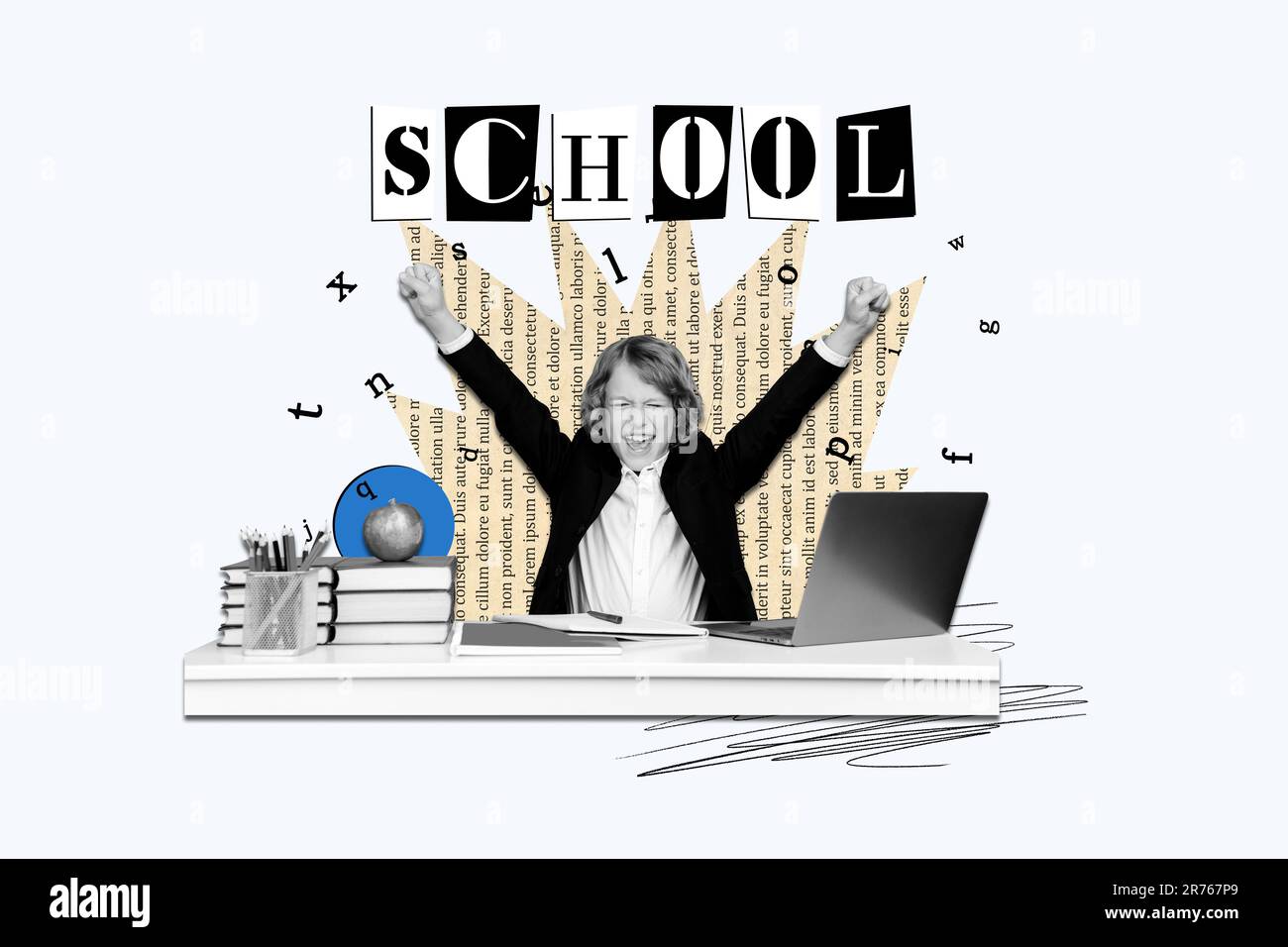 Composite artwork collage design of young small schoolboy fists up ...