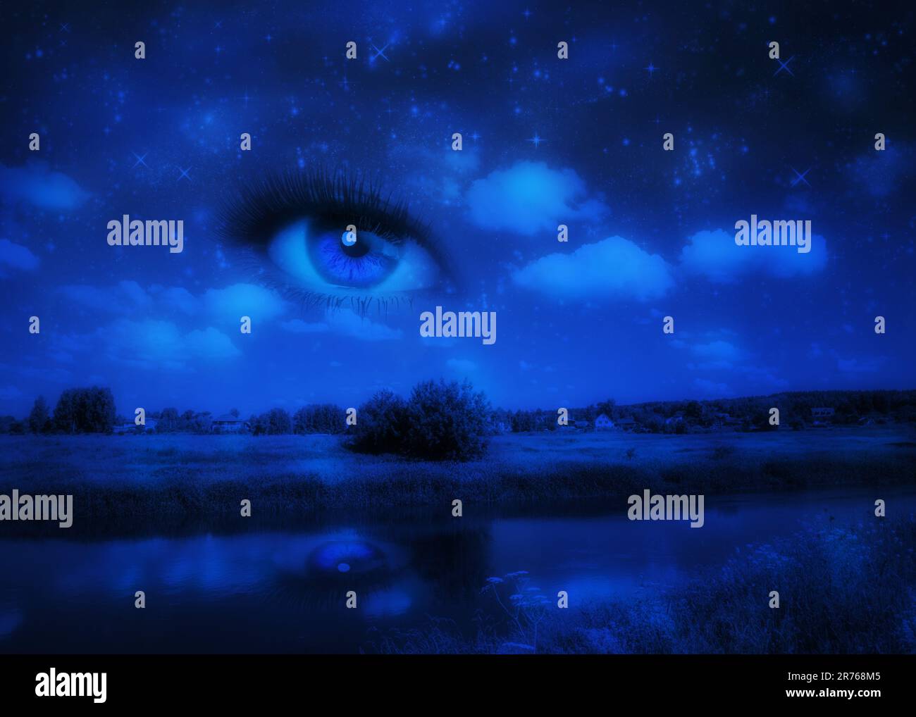 Surreal night landscape with 3D human eye in the sky, abstract ...