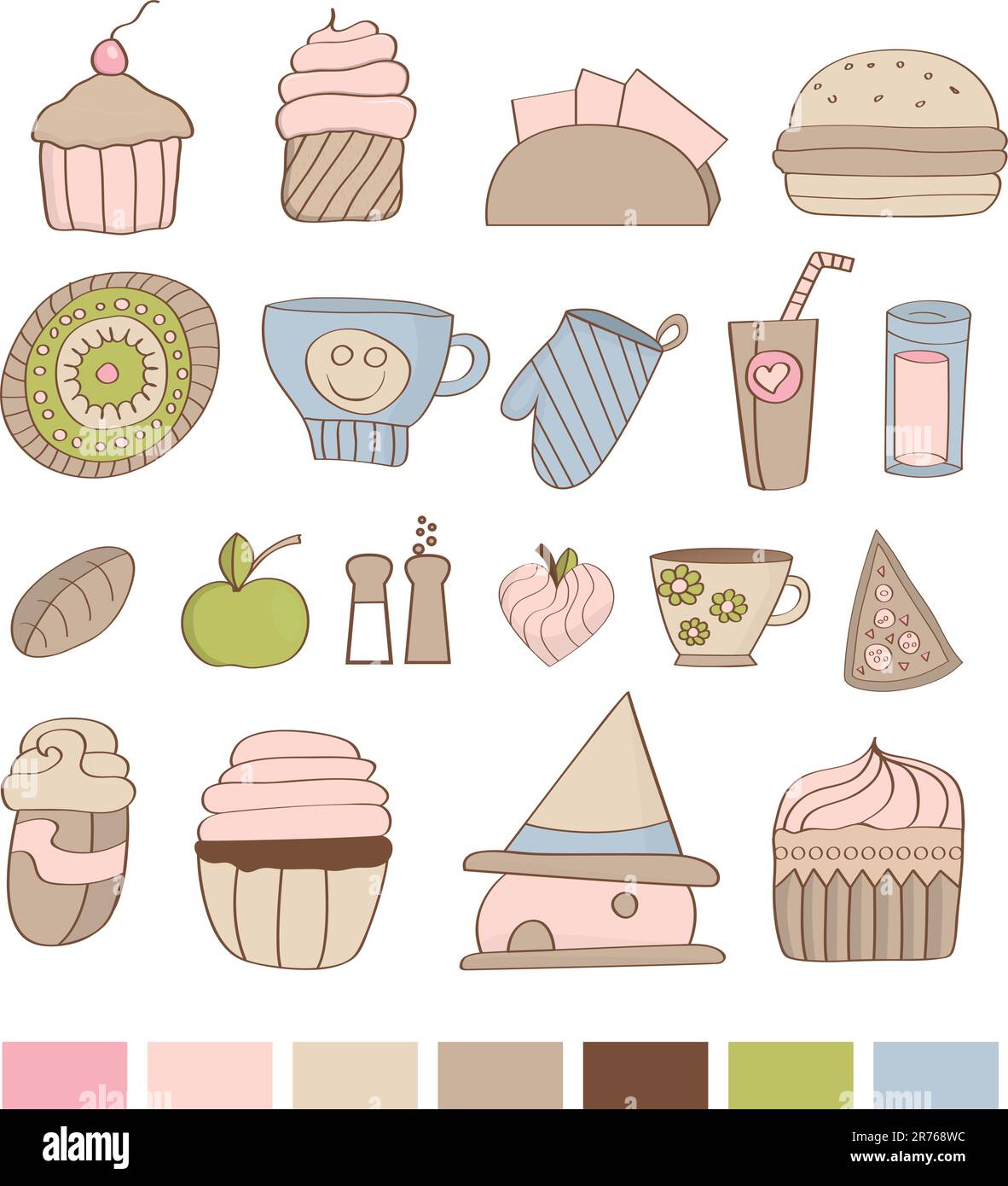 set of kitchen things, sweet foods, glass with color palette Stock ...