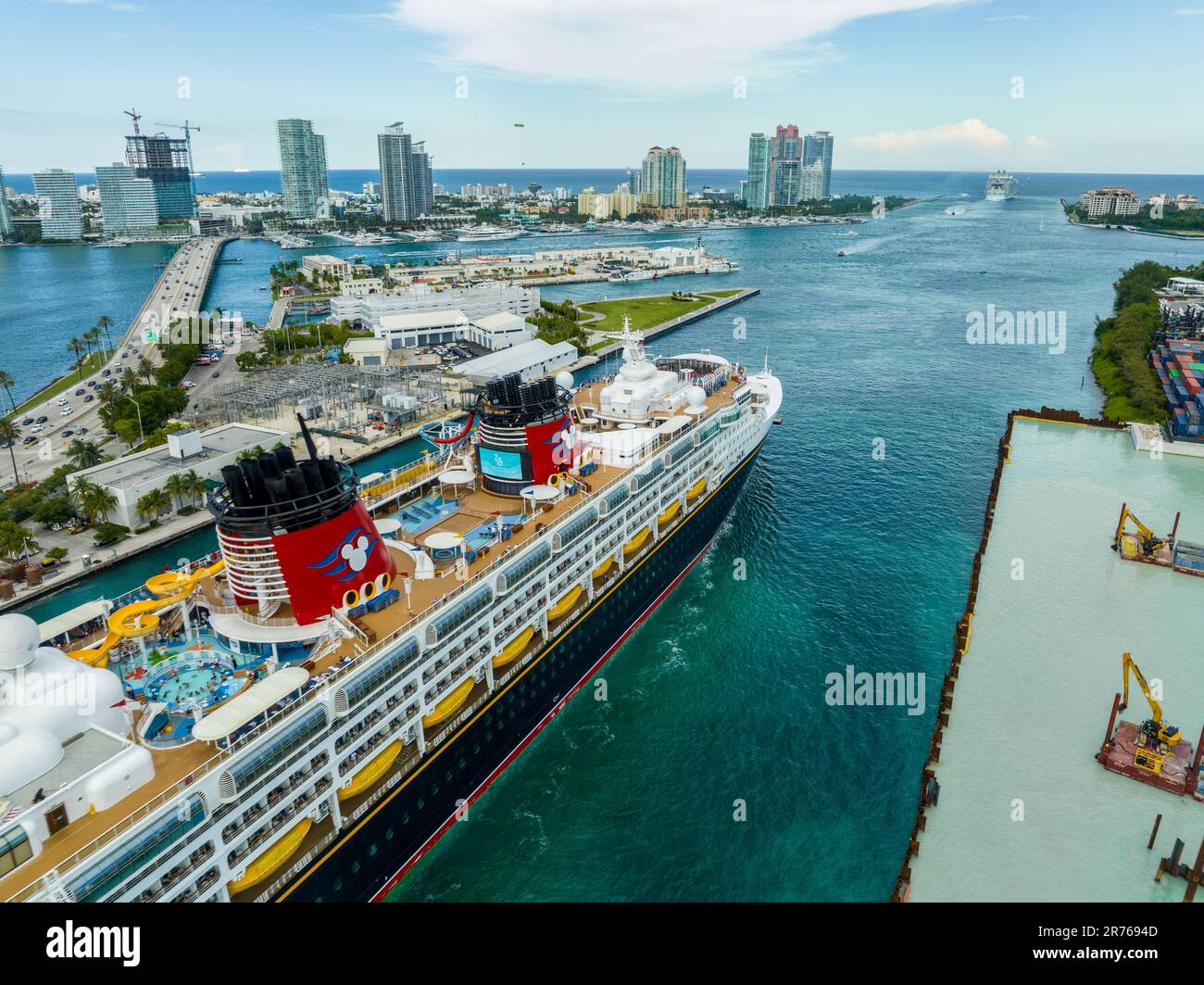Miami, FL, USA - June 10, 2023: Aerial photo Disney Magic cruise ship ...