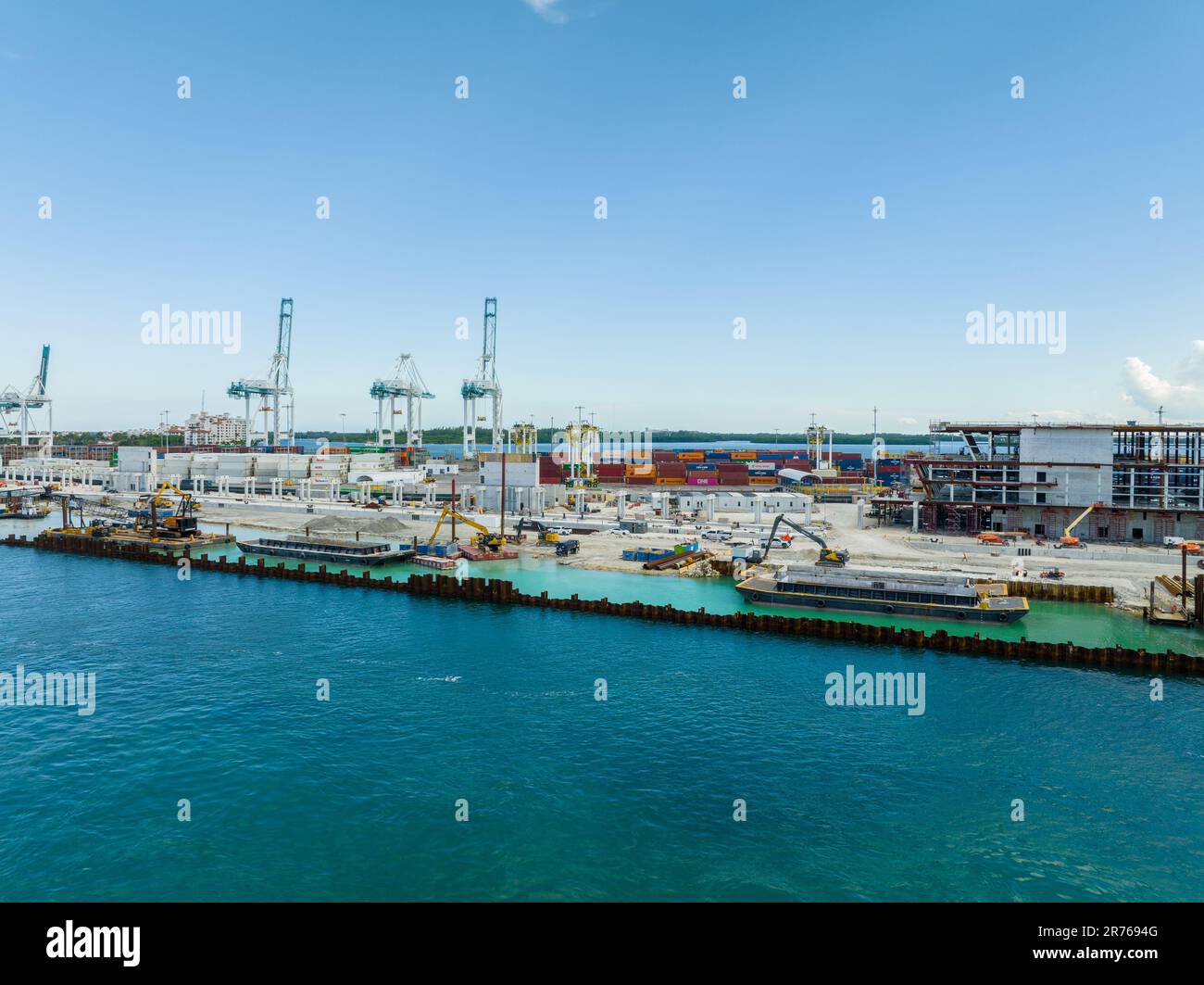 Miami, FL, USA - June 10, 2023: Aerial photo Port of Miami construction ...