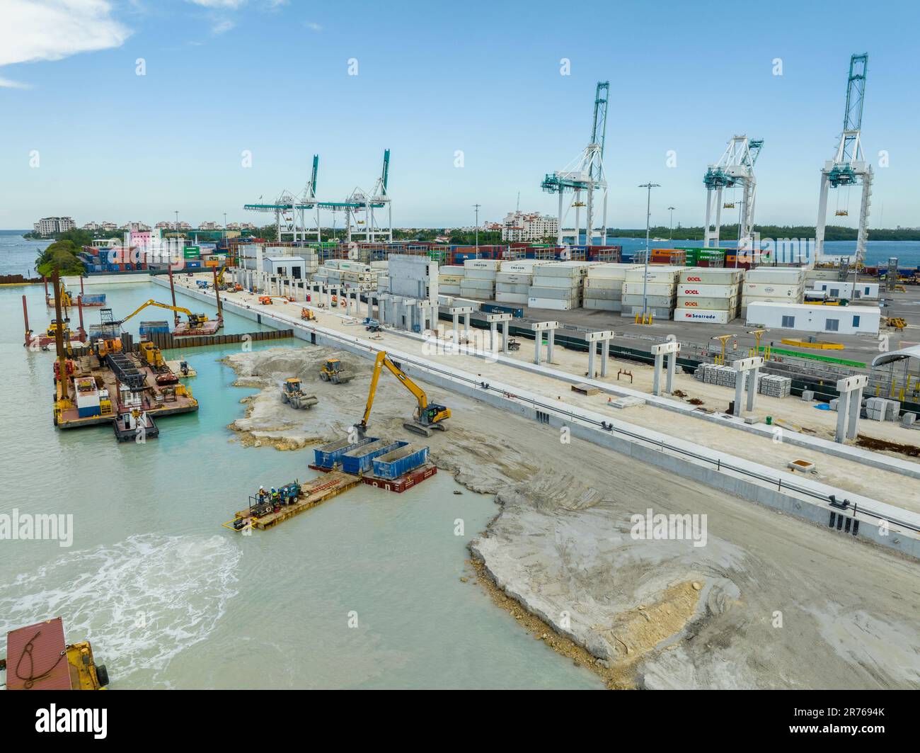 Miami, FL, USA - June 10, 2023: Aerial photo Port of Miami construction ...