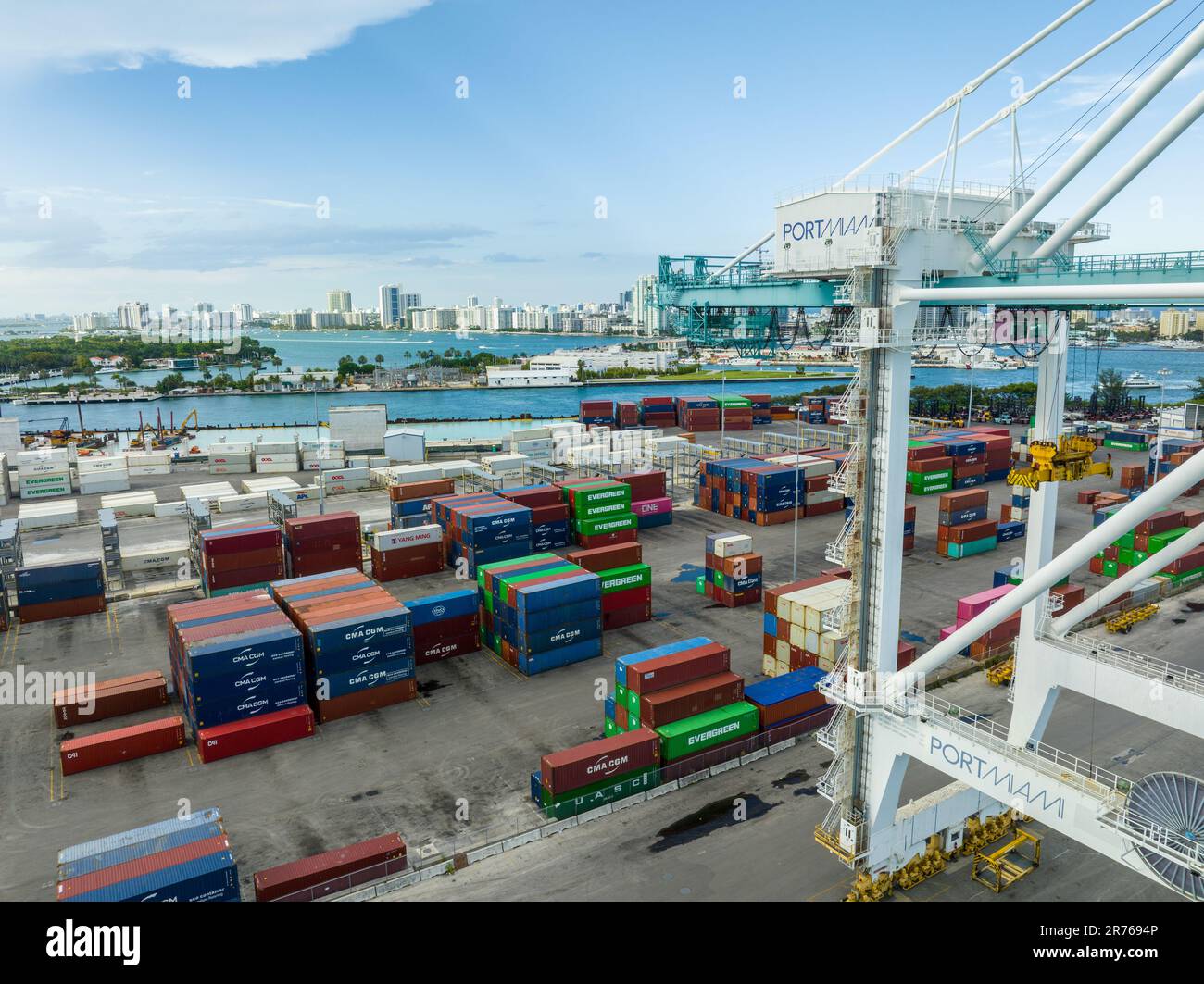 Miami, FL, USA - June 10, 2023: Aerial photo Port of Miami loading ...