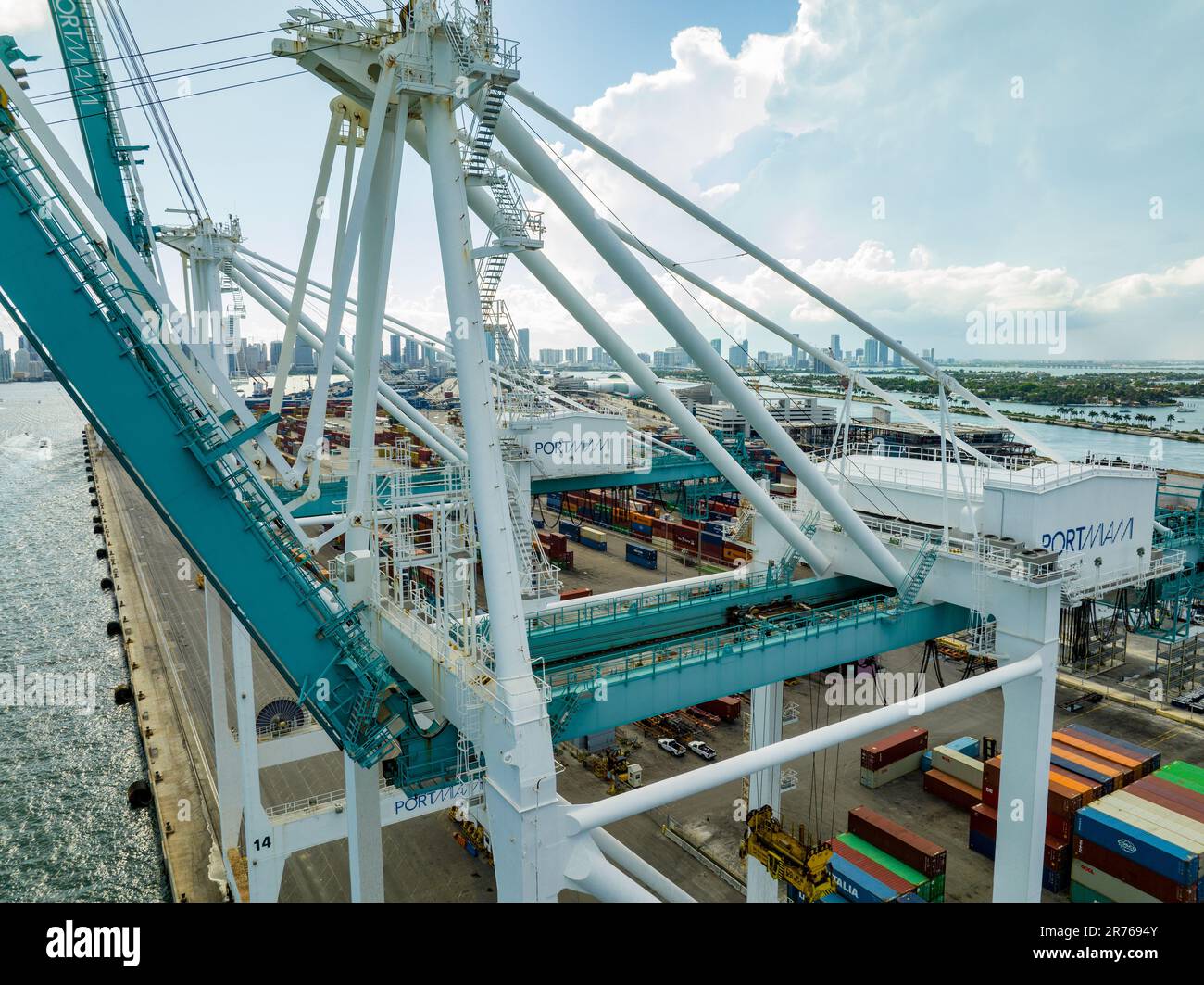 Miami, FL, USA - June 10, 2023: Aerial photo Port of Miami loading ...