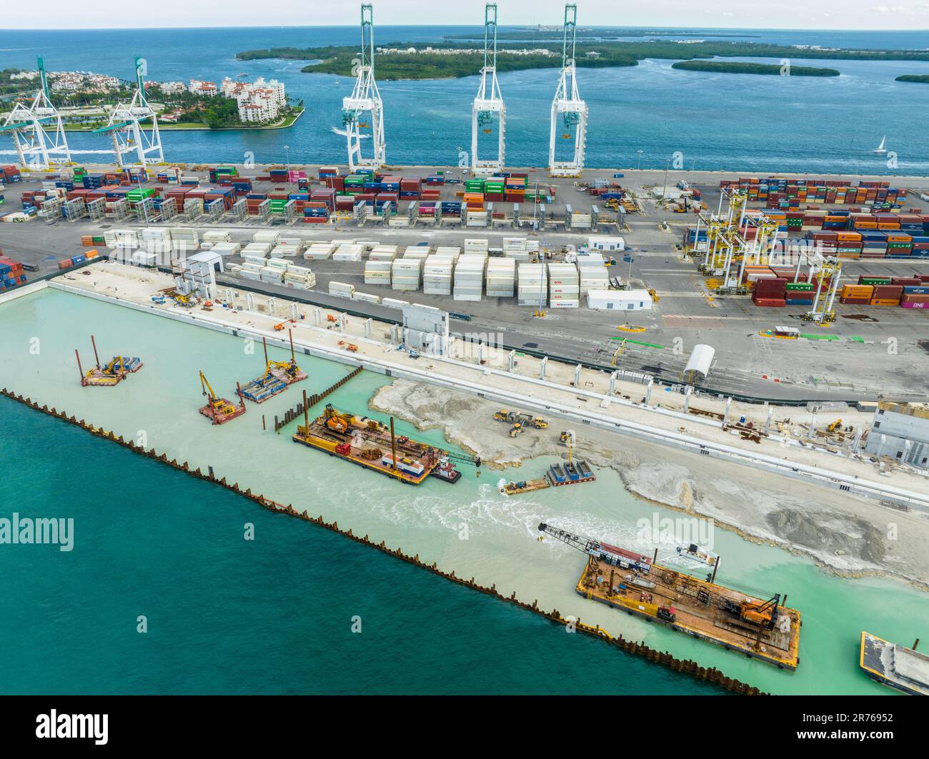 Miami, FL, USA - June 10, 2023: Aerial photo Port of Miami construction ...