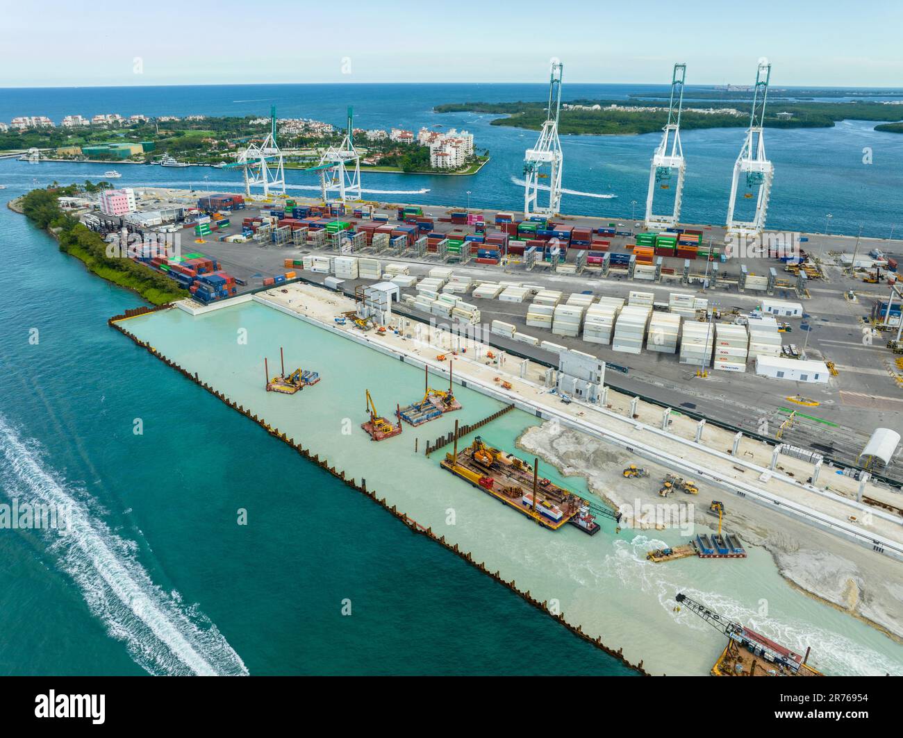Miami, FL, USA - June 10, 2023: Aerial photo Port of Miami construction ...