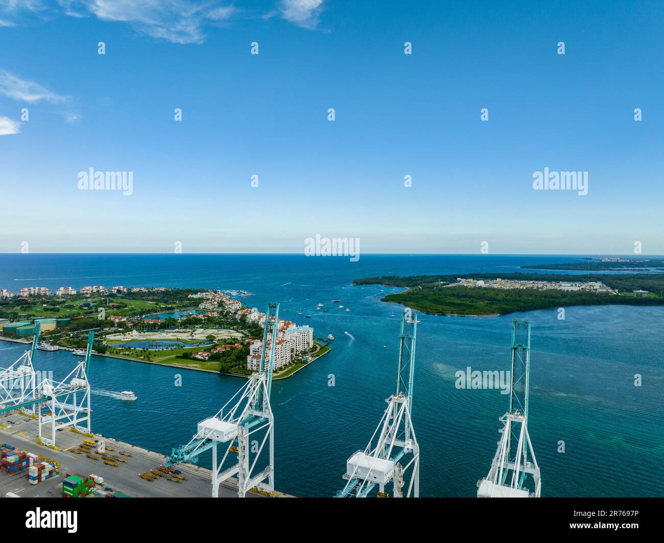 Aerial photo Port Miami cranes and Fisher Island Virginia Key Stock ...