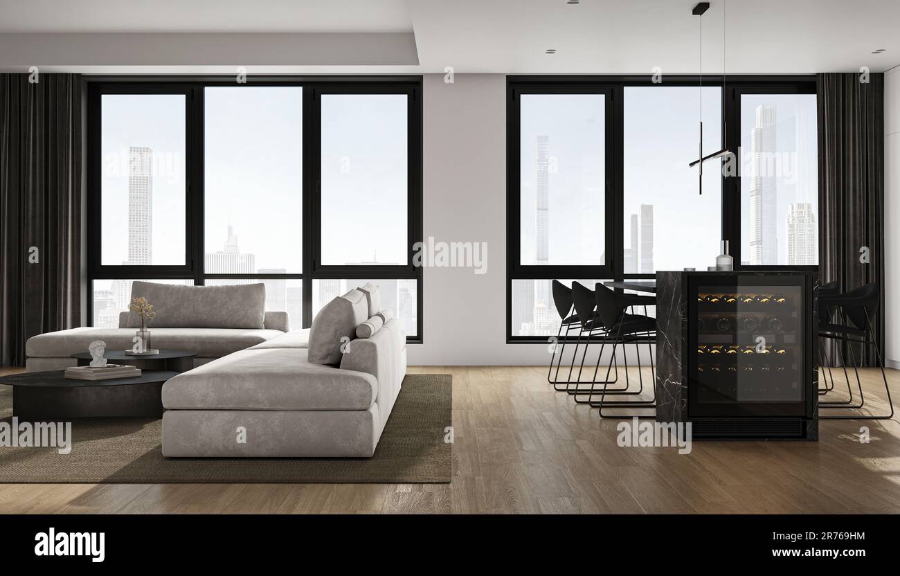 Modern grey minimalist interior livingroom with large modular sofa ...