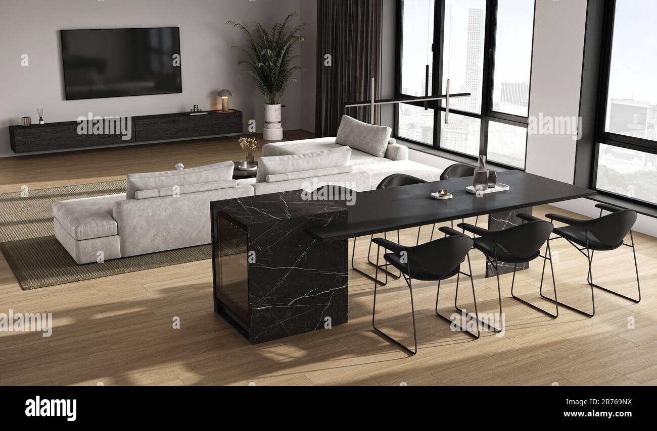 Modern grey minimalist interior livingroom with large gray modular sofa ...