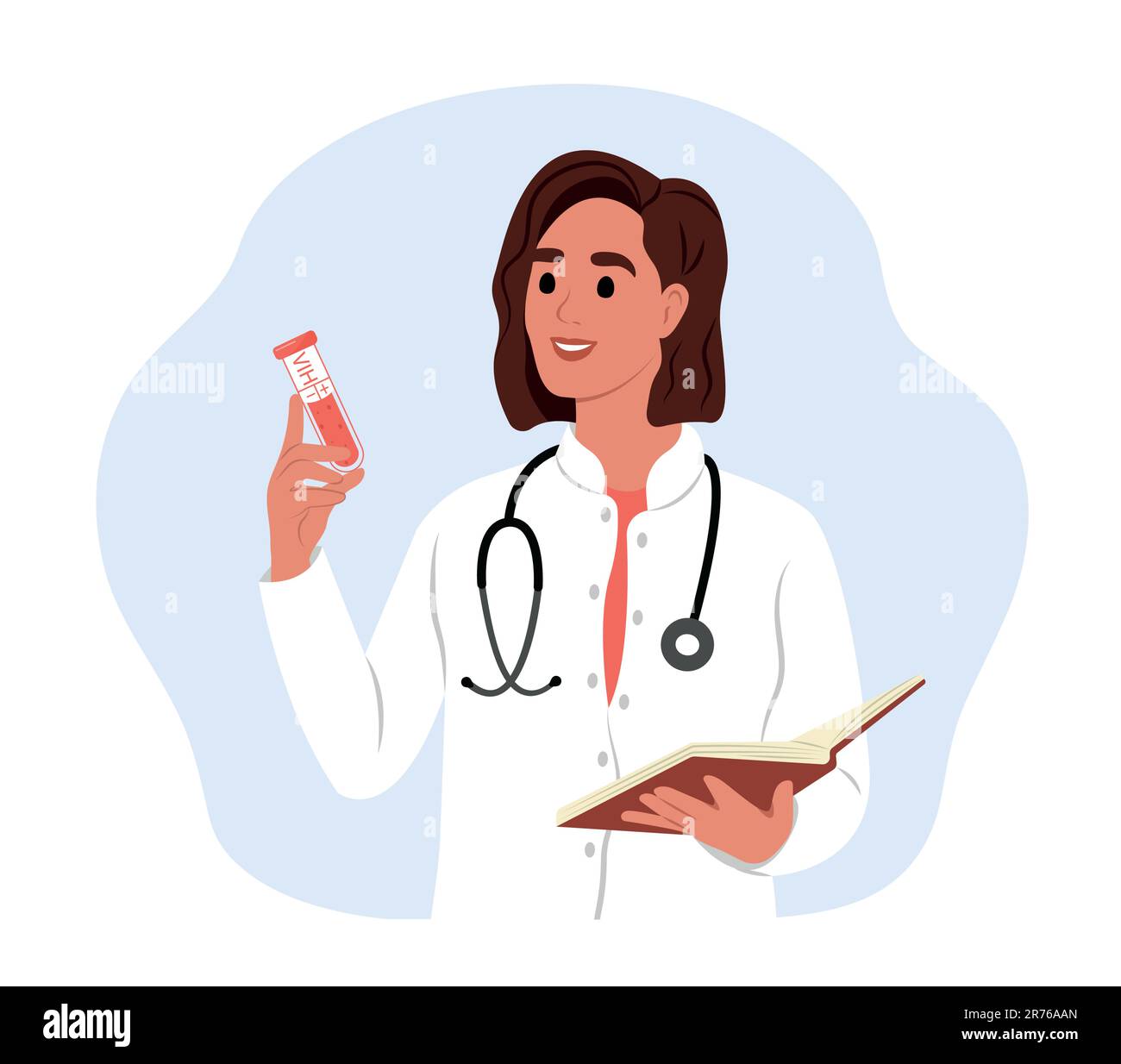 HIV testing day. A young smiling female doctor holds a tube with blood ...