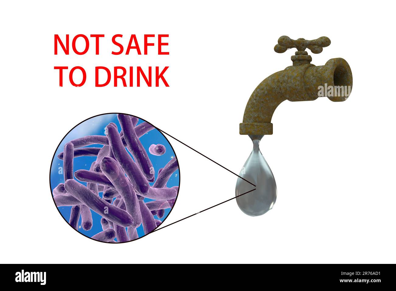 Safety of drinking water, conceptual image showing microbes in a drop ...