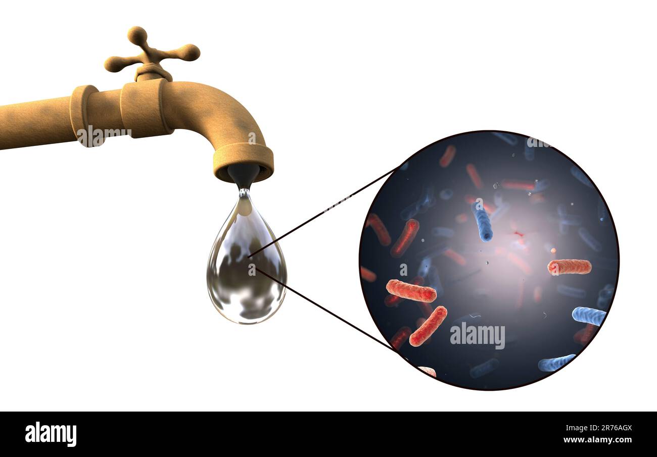 Safety of drinking water, conceptual image showing microbes in a drop ...