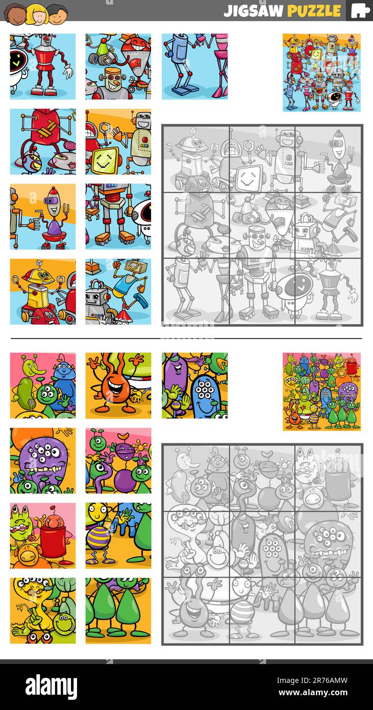 Cartoon illustration of educational jigsaw puzzle activities set with ...