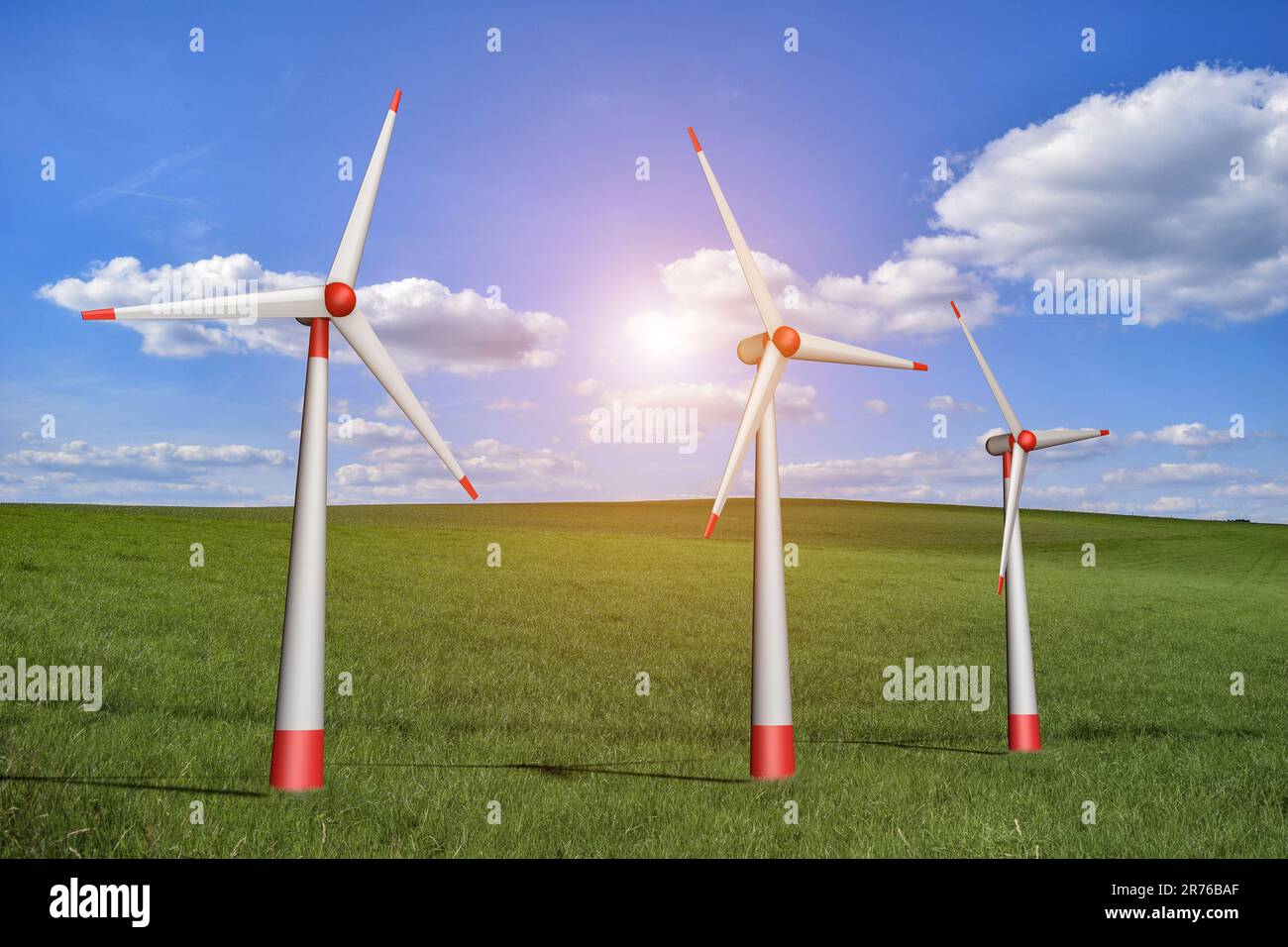 3D rendering of model of wind turbines in a meadow and summer landscape ...
