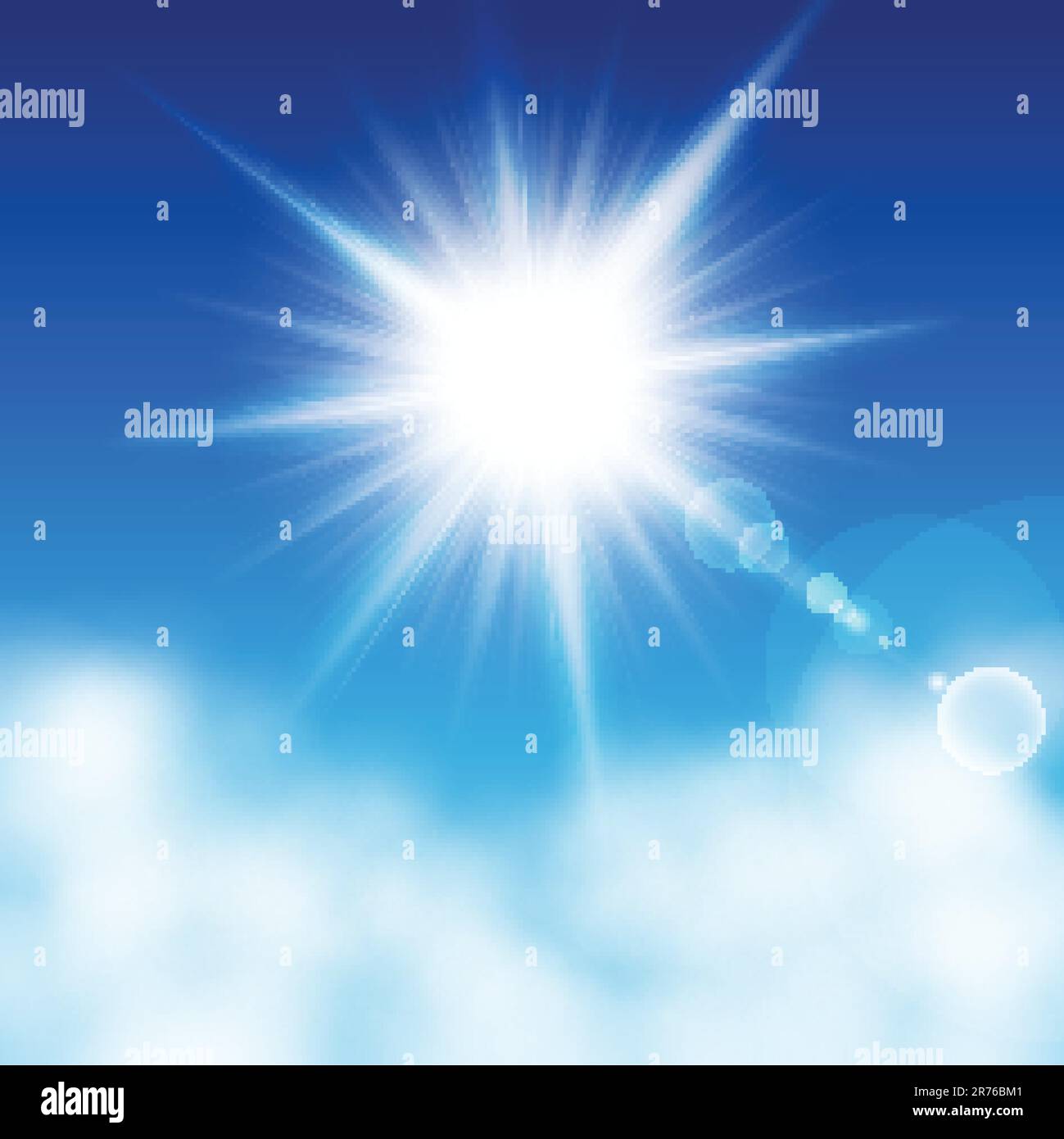 Sun with rays on a blue sky other the clouds. Vector illustration Stock ...