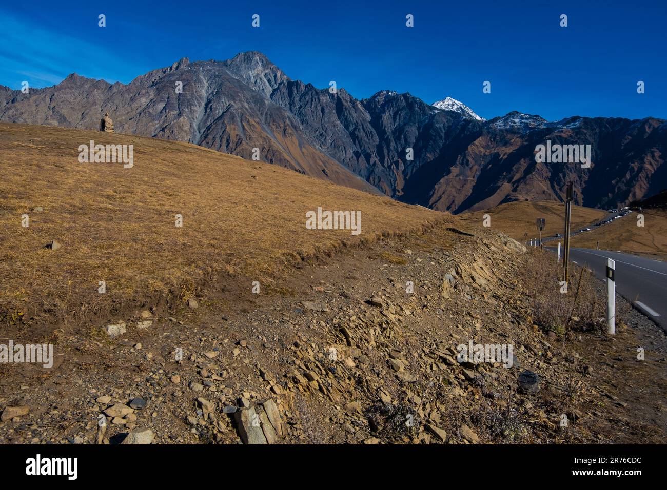 A stunning aerial view of the Kazbegi mountain in the Mtskheta region ...