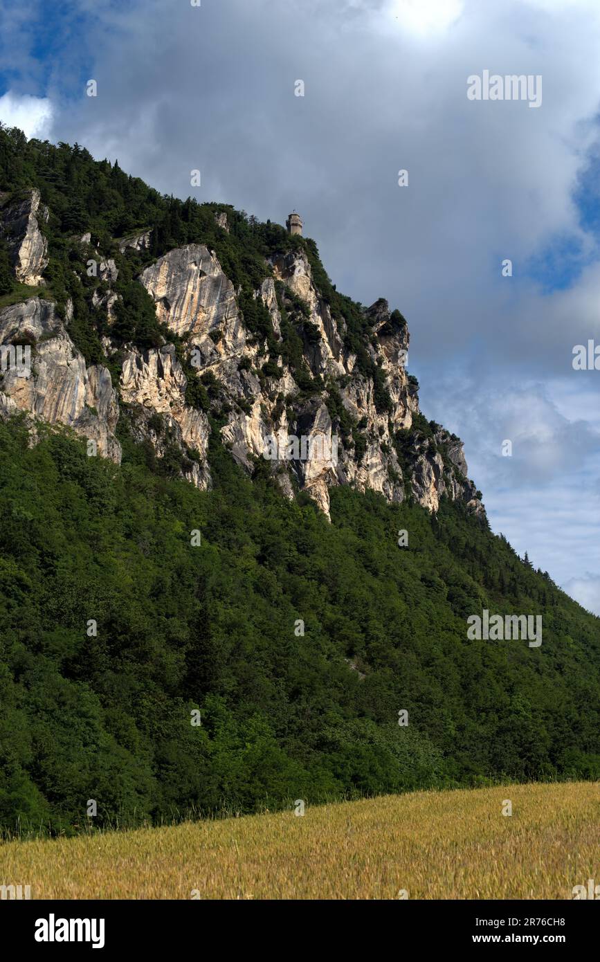 the unmistakable silhouette of Monte Titano, emblem of San Marino, with ...