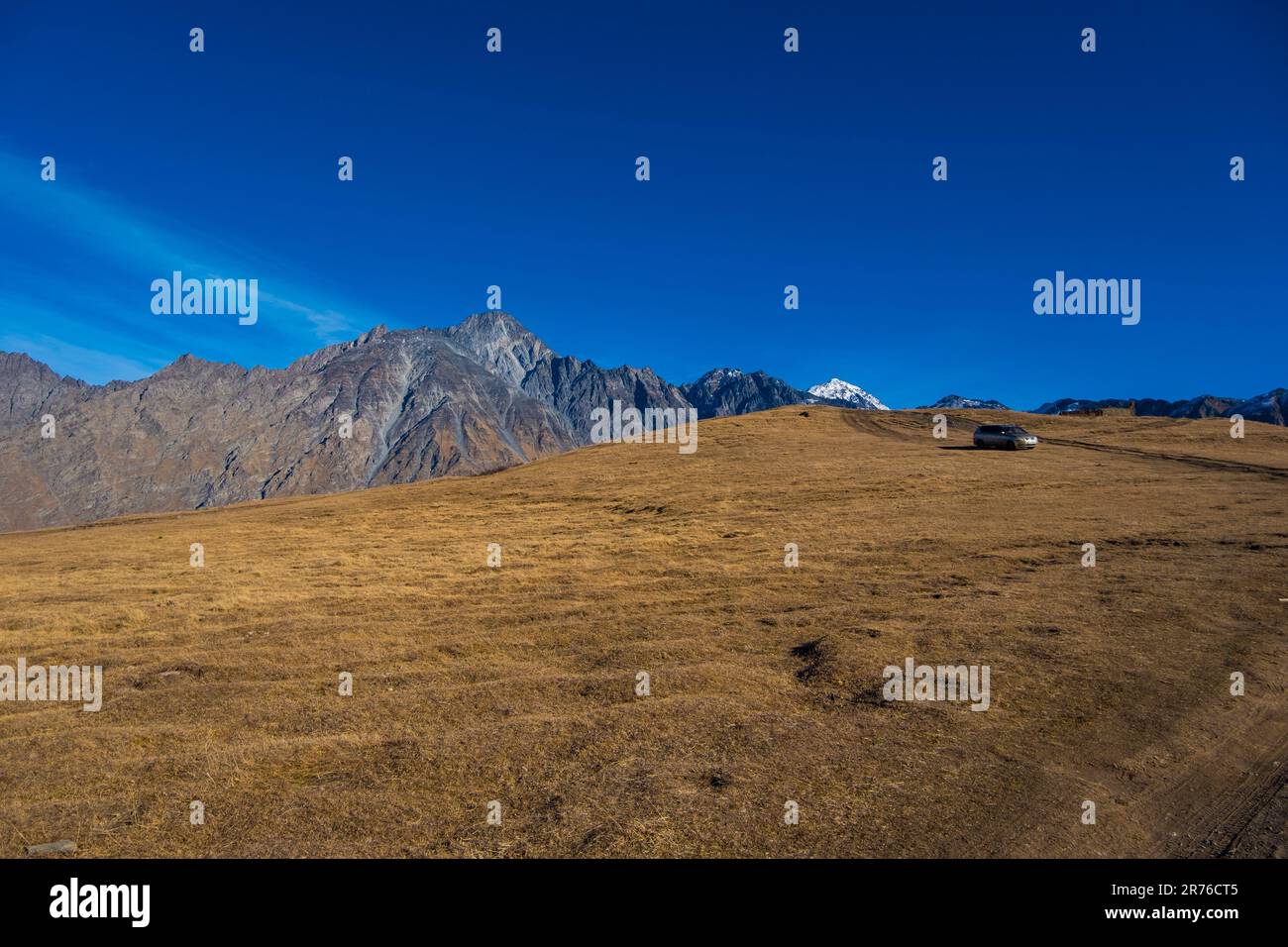 A stunning aerial view of Kazbegi mountain in the Mtskheta region of ...