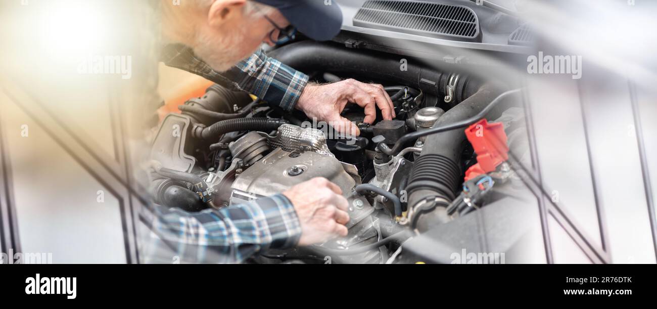 Car mechanic checking a car engine; multiple exposure Stock Photo - Alamy