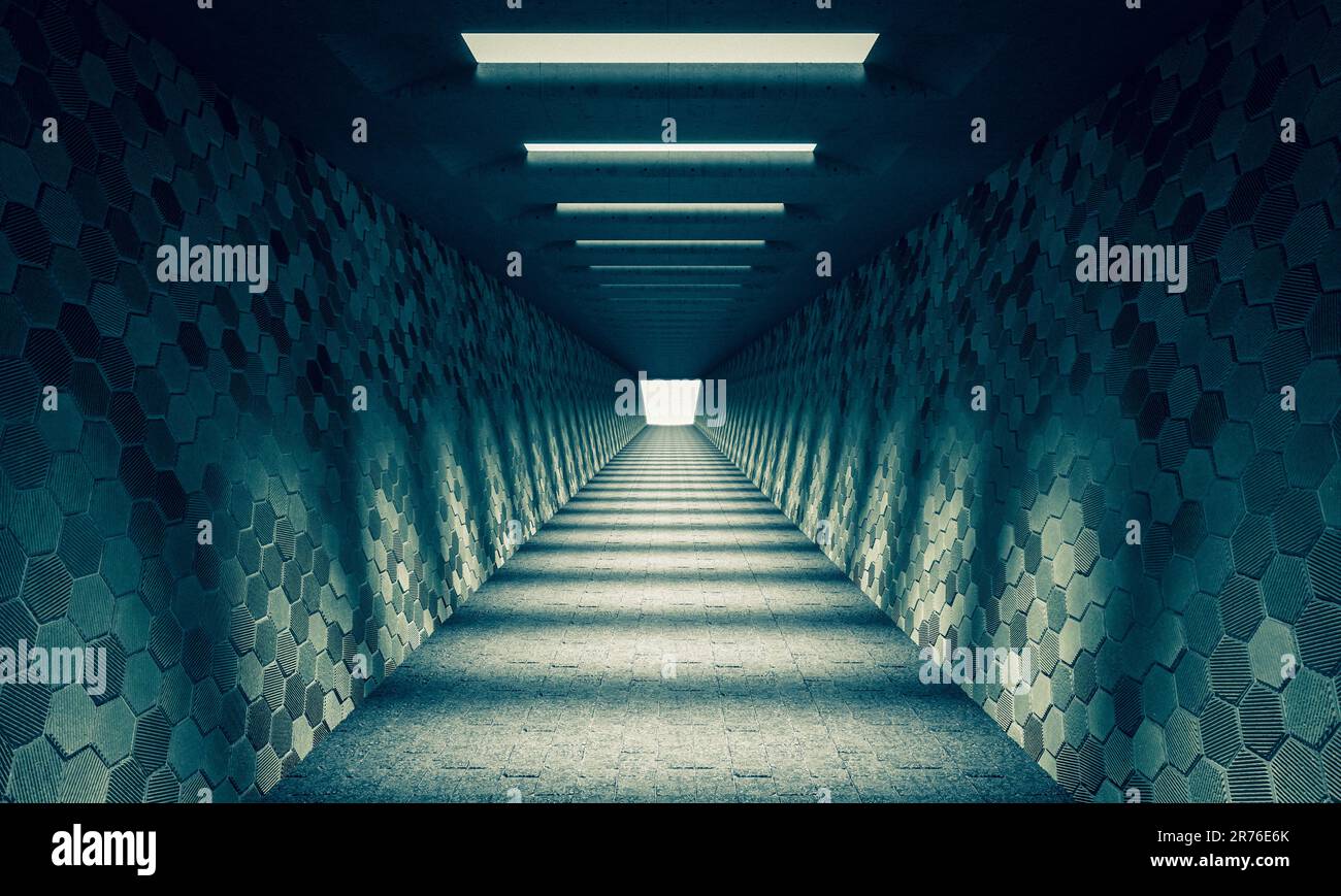 concrete tunnels with ceiling windows and walls with hexagonal patterns ...