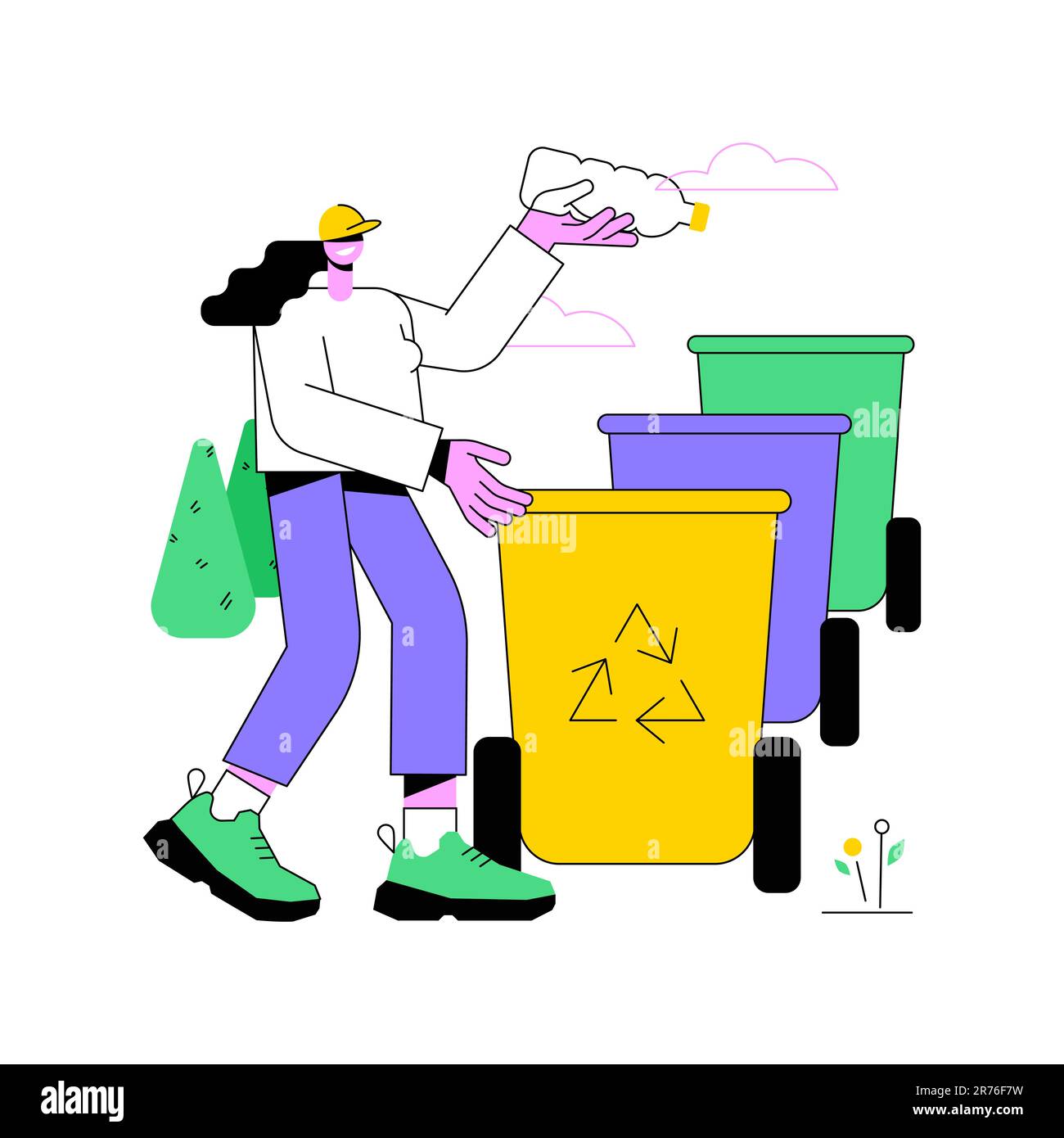 Trash sorting facility isolated cartoon vector illustrations. Young girl throwing a bottle for ...