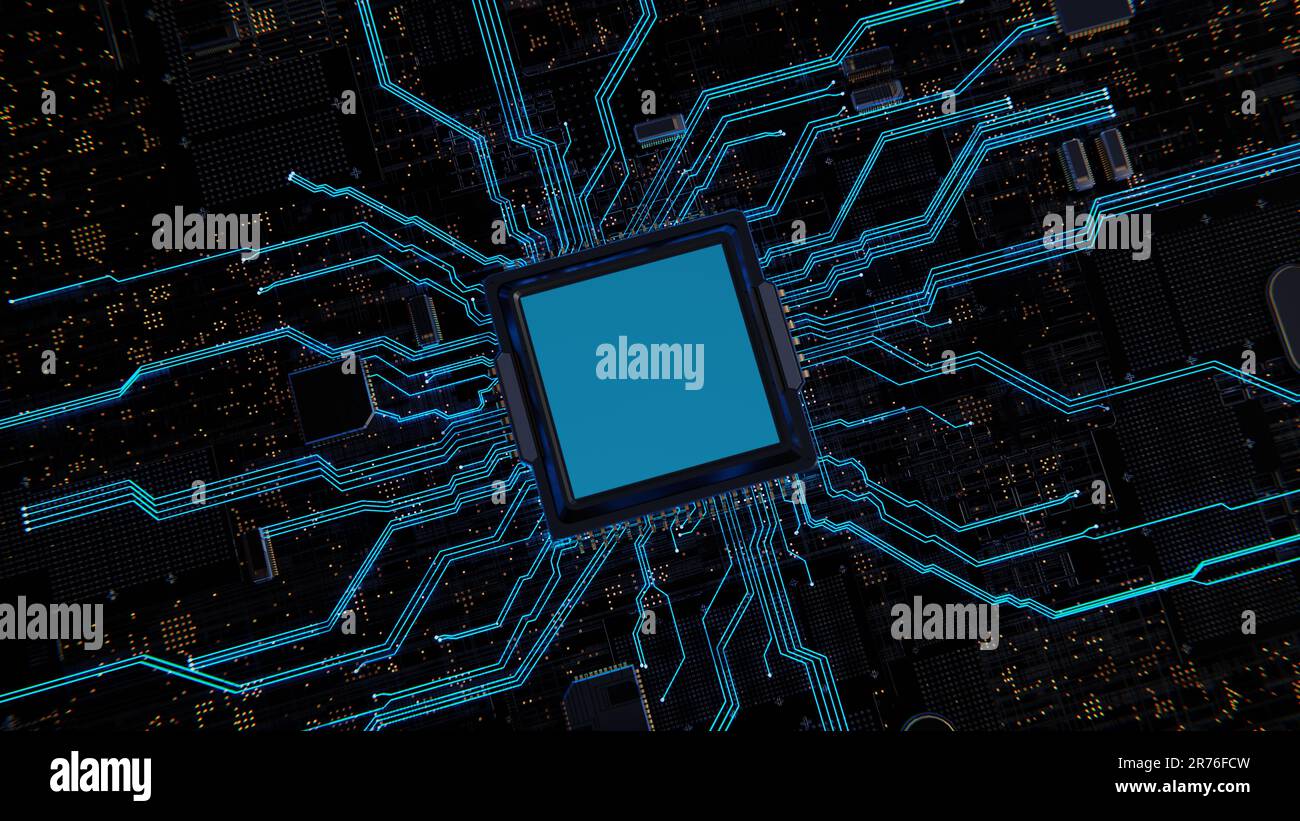 Blue computer electronic chip with blue glow, multiple filter effect ...