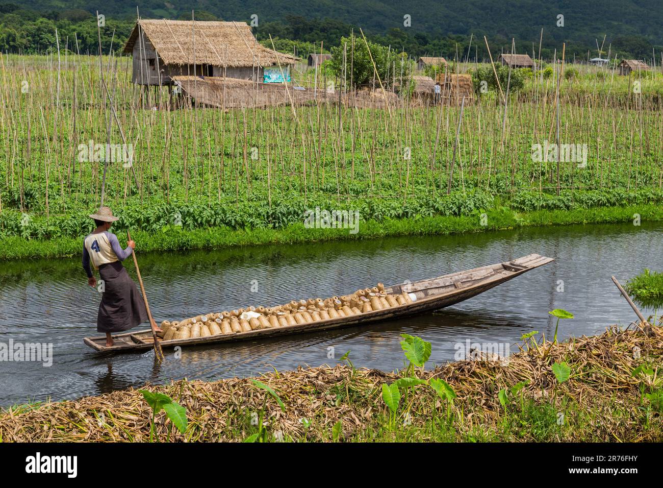 The Inle Lake. Myanmar: 17 August 2020: Fisherman rowing boat on Inle ...