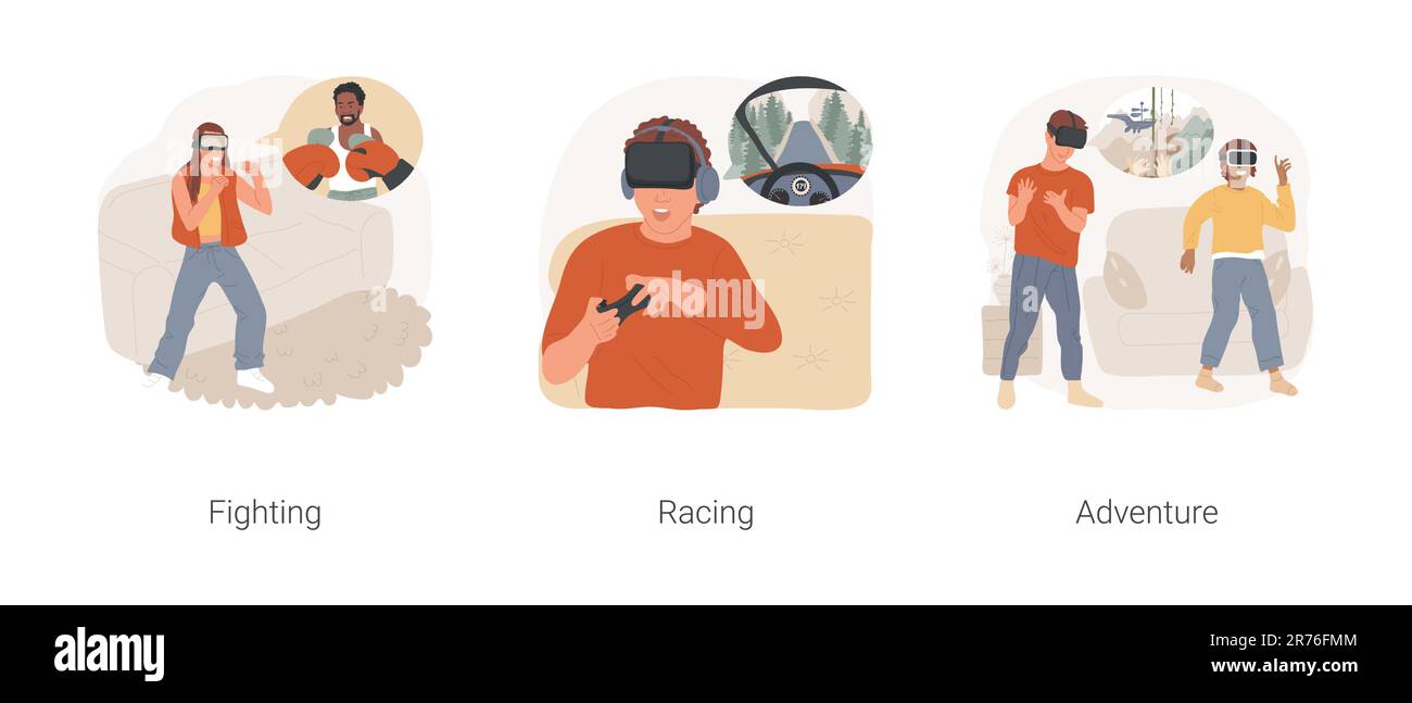 VR at home isolated cartoon vector illustration set. Fighting game ...