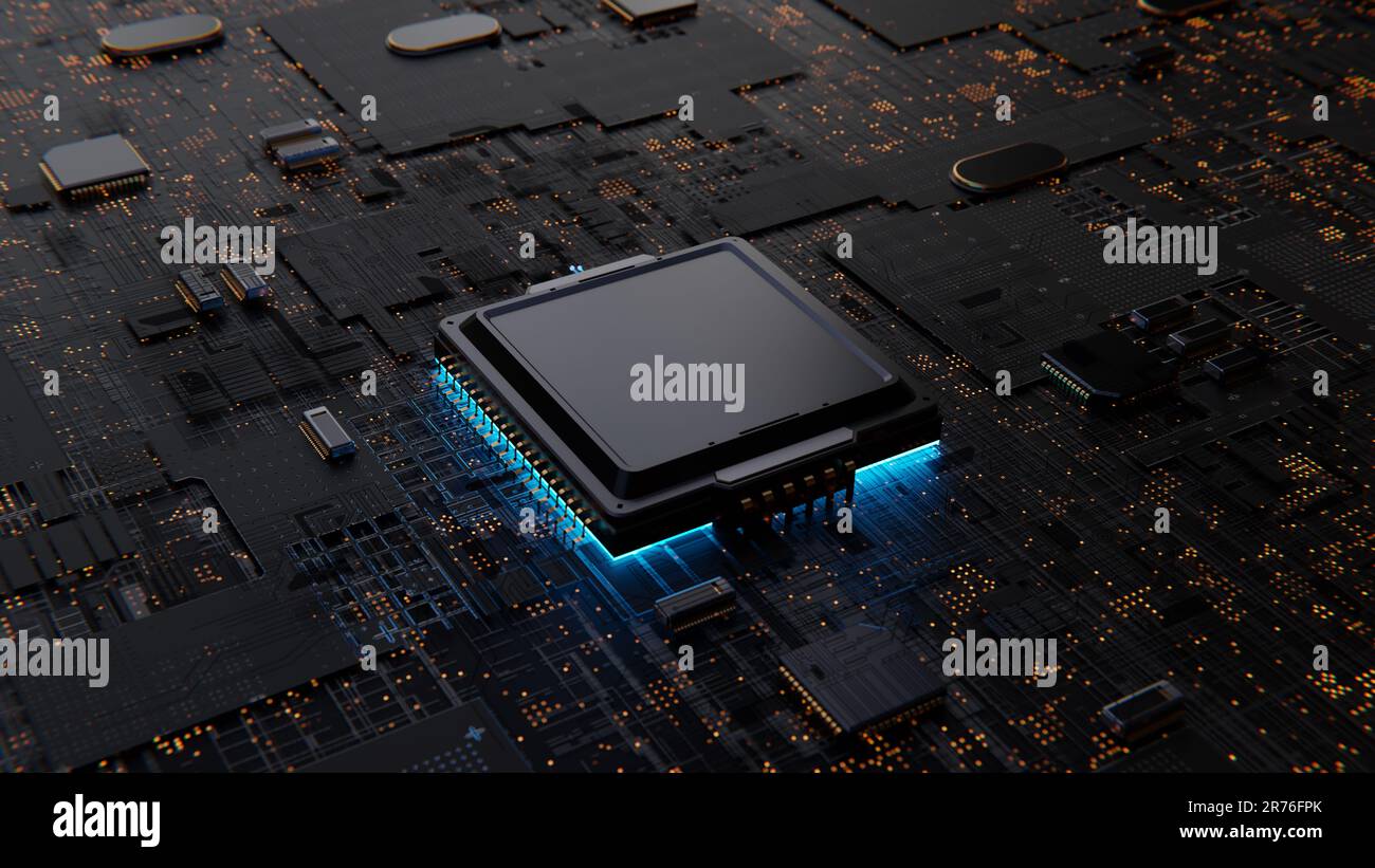 Blue computer electronic chip with blue glow, multiple filter effect ...